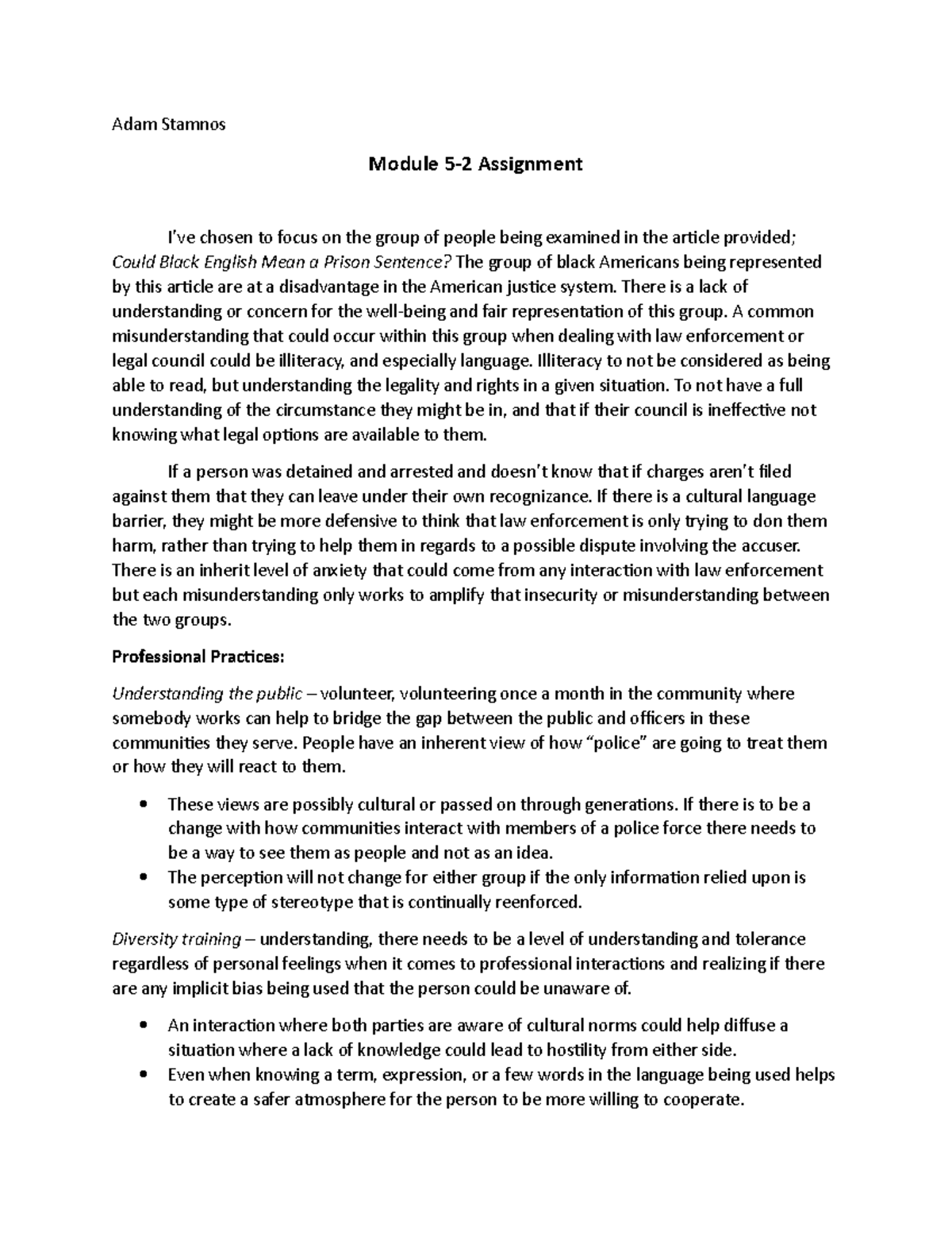Module 5-2 assignment cultural diversity Stamnos - Adam Stamnos Module ...