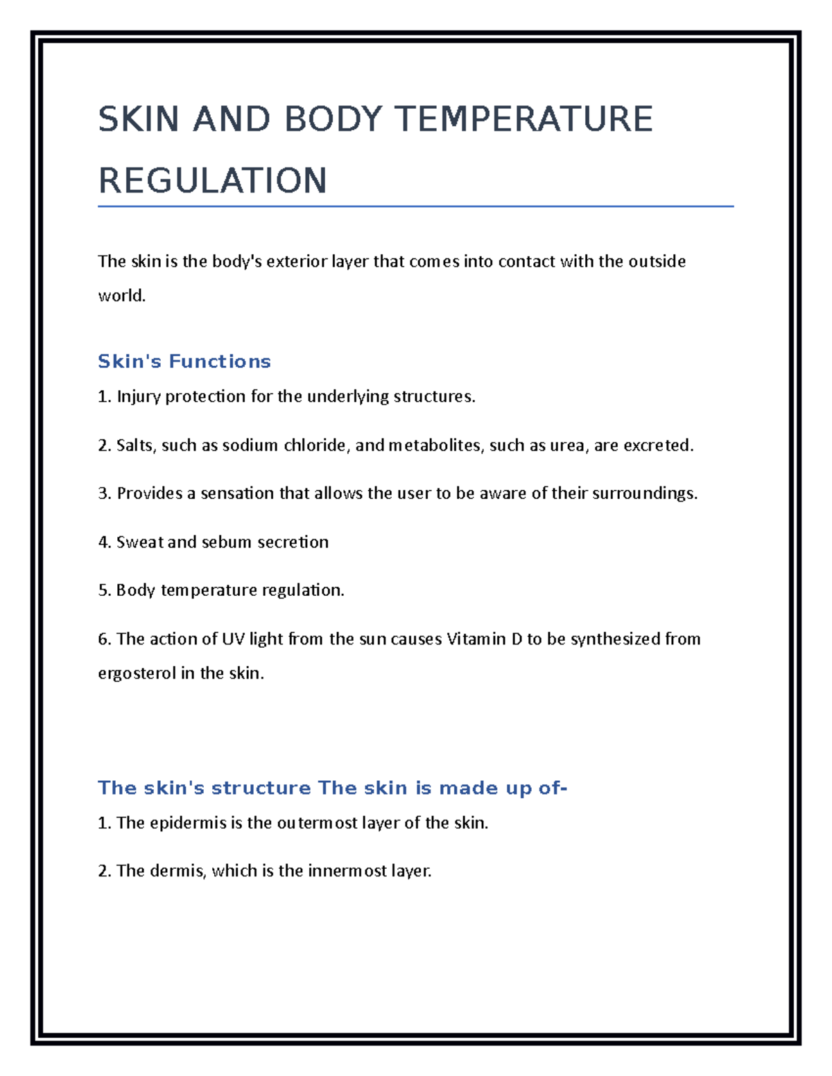 NOTE ON SKIN Anatomy AND Physiology - SKIN AND BODY TEMPERATURE ...