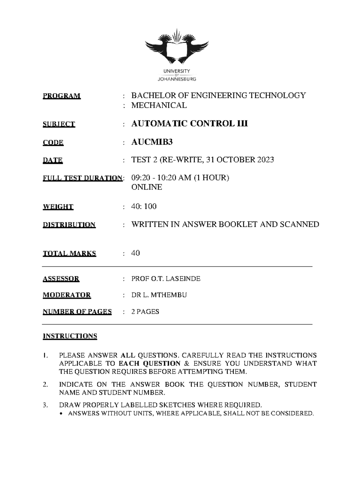 A UTO Test 2 Make-Up test - PROGRAM : BACHELOR OF ENGINEERING ...