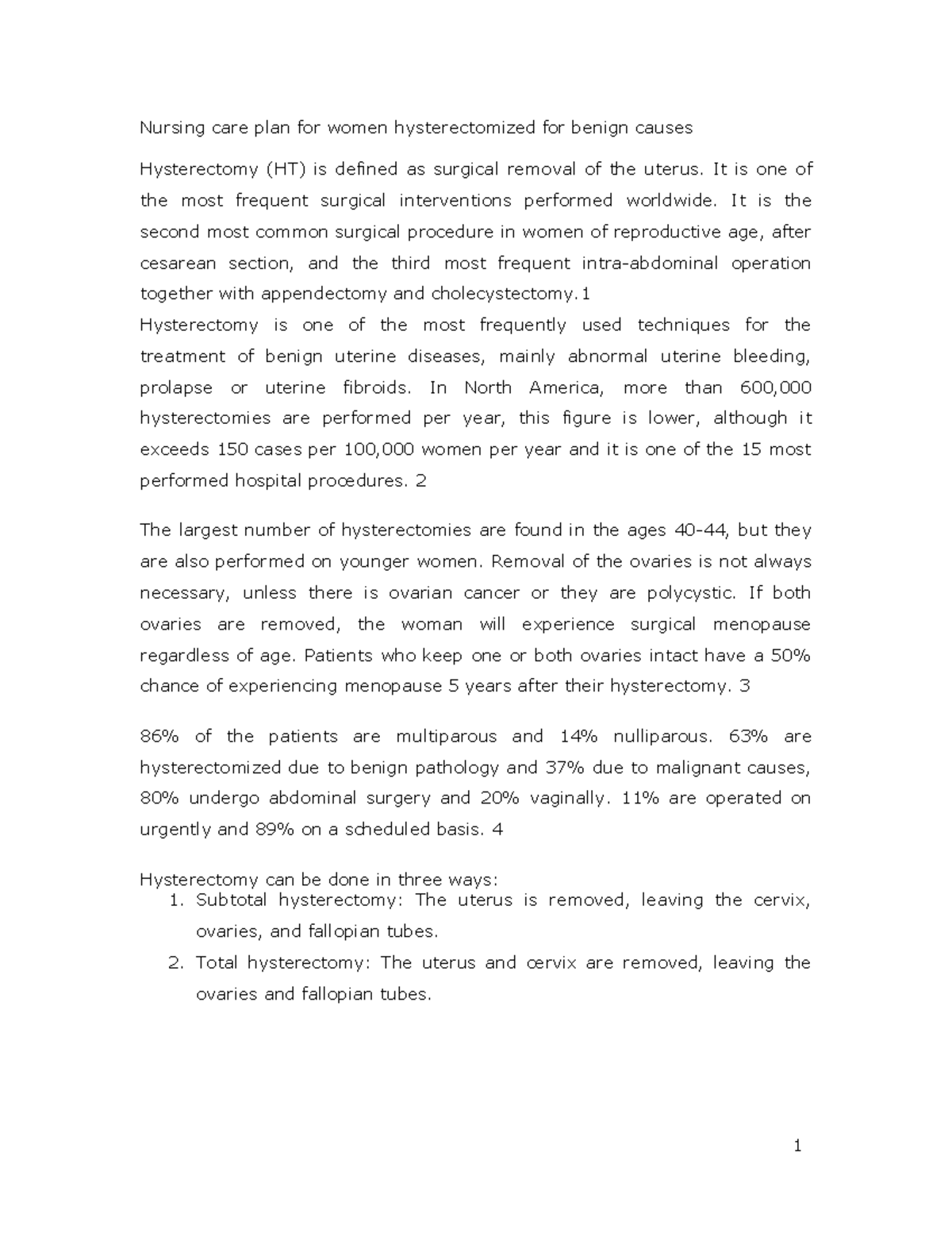 Nursing care plan for women hysterectomized for benign causes - 1 ...