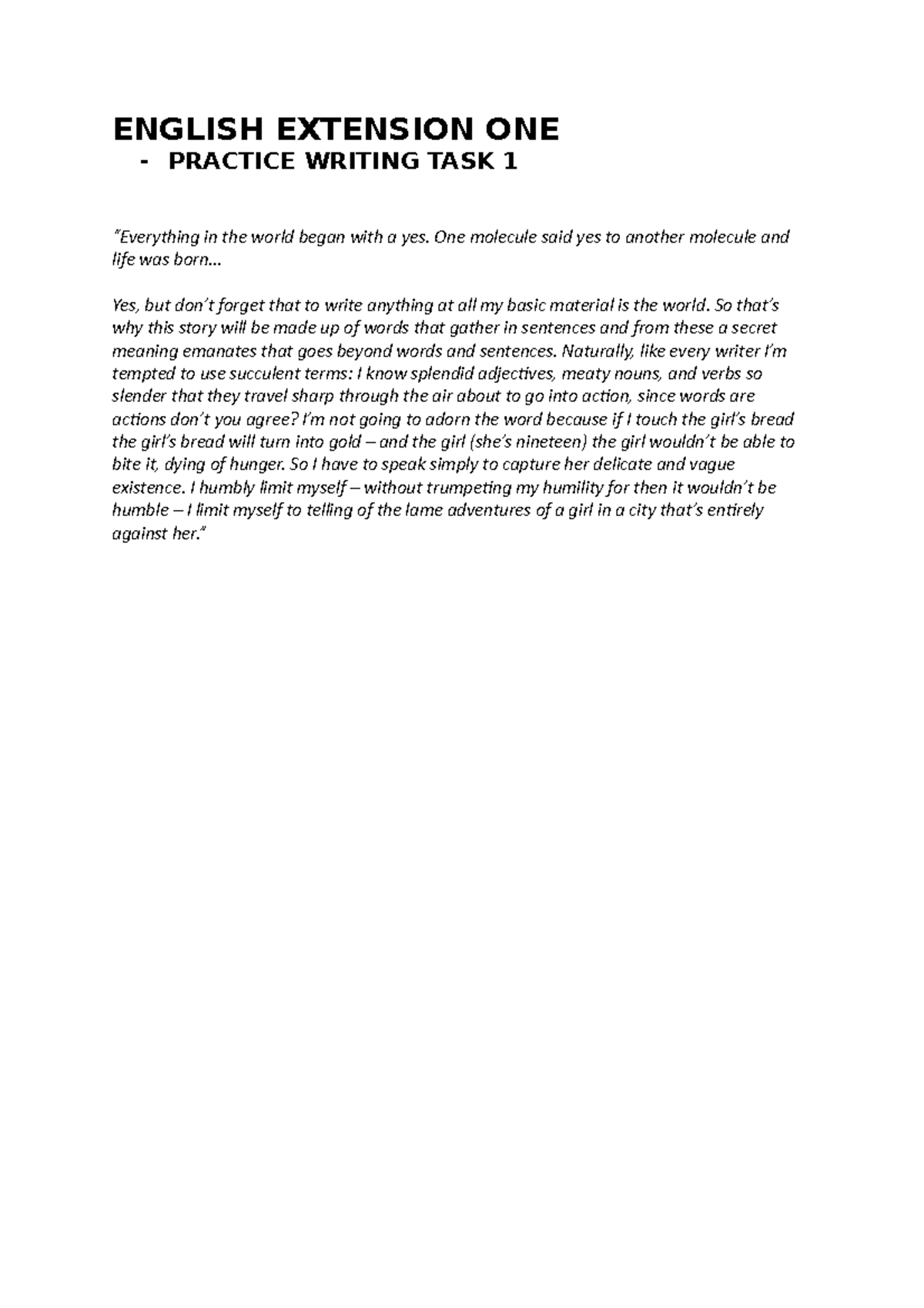 Eng Ext 1 Practice Task - ENGLISH EXTENSION ONE - PRACTICE WRITING TASK ...