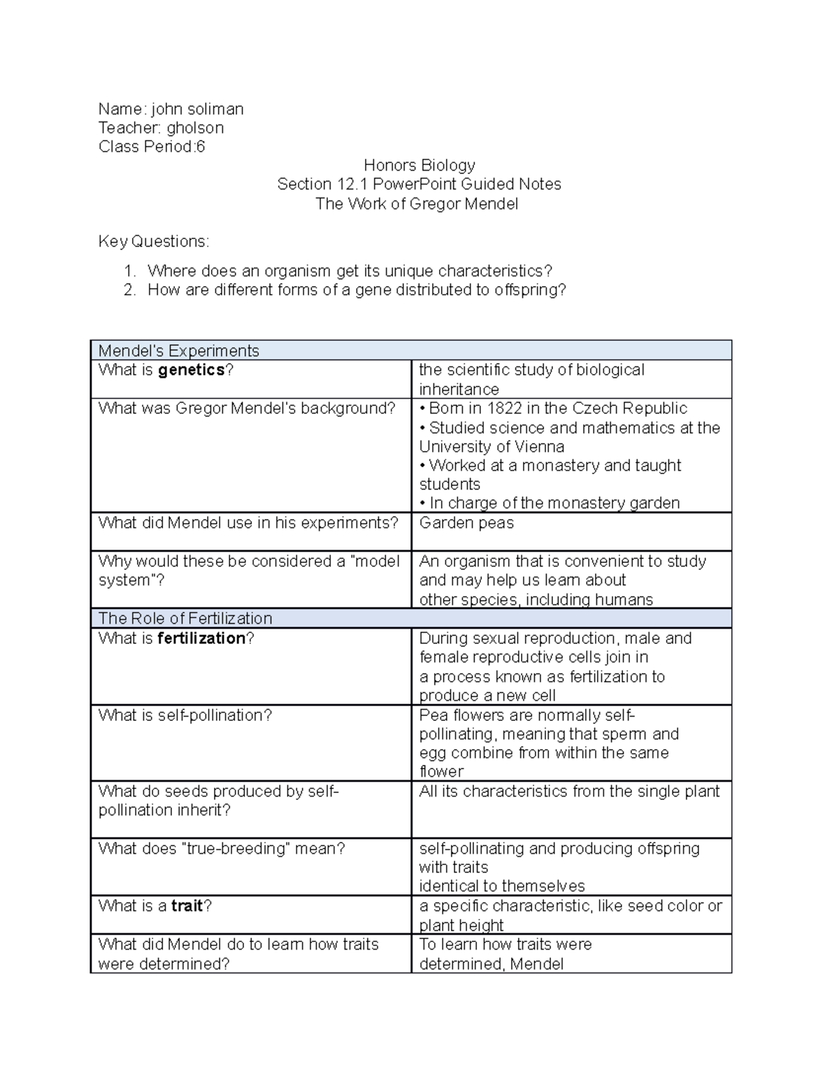 12.1 Biology The Work of Gregor Mendel Guided Notes - Name: john ...