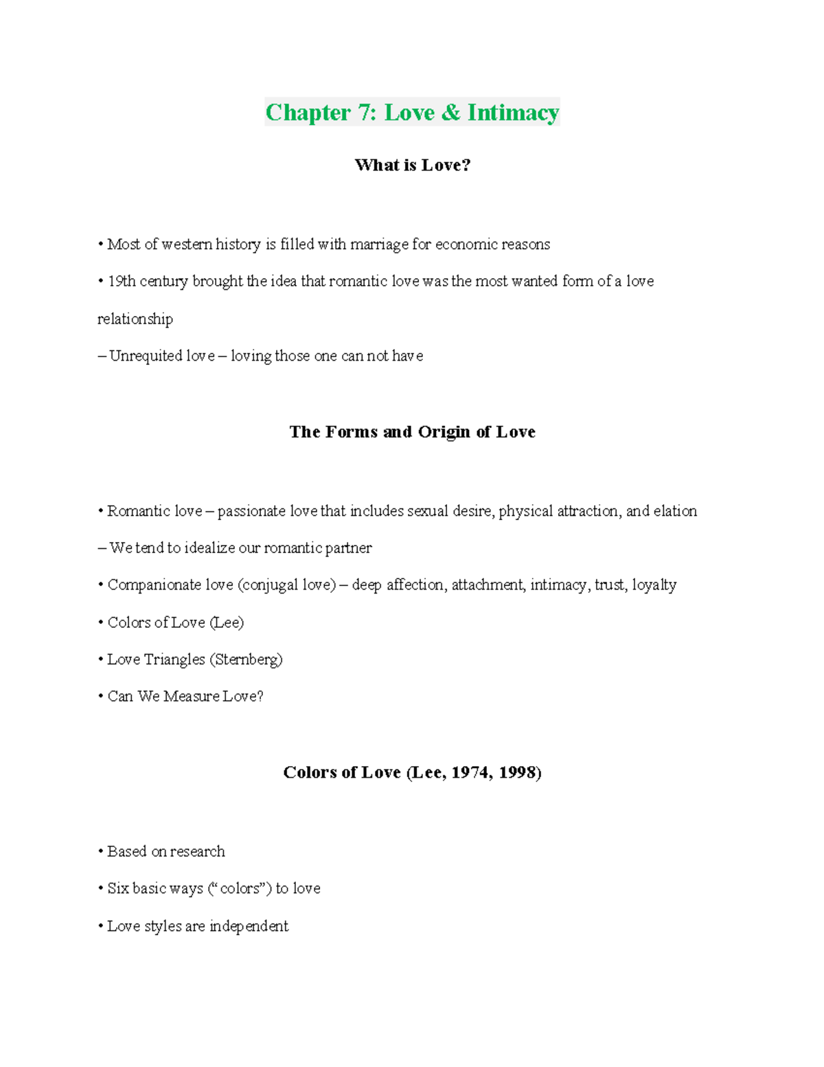 Human Sexuality Chapter 7 Notes - Chapter 7: Love & Intimacy What is ...