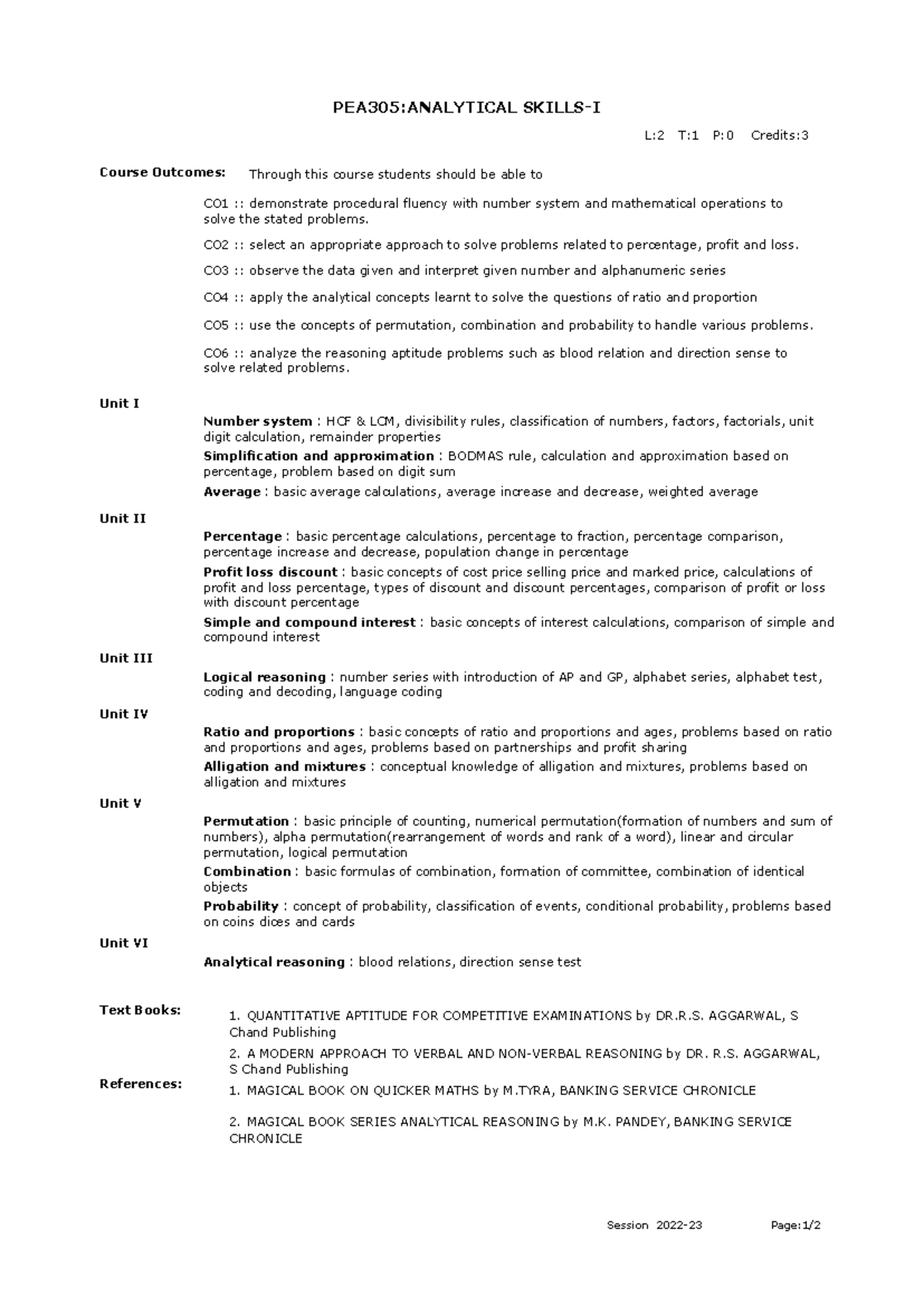 PEA305 Syllabus New - Summary Analytical Skills -I - PEA305:ANALYTICAL ...