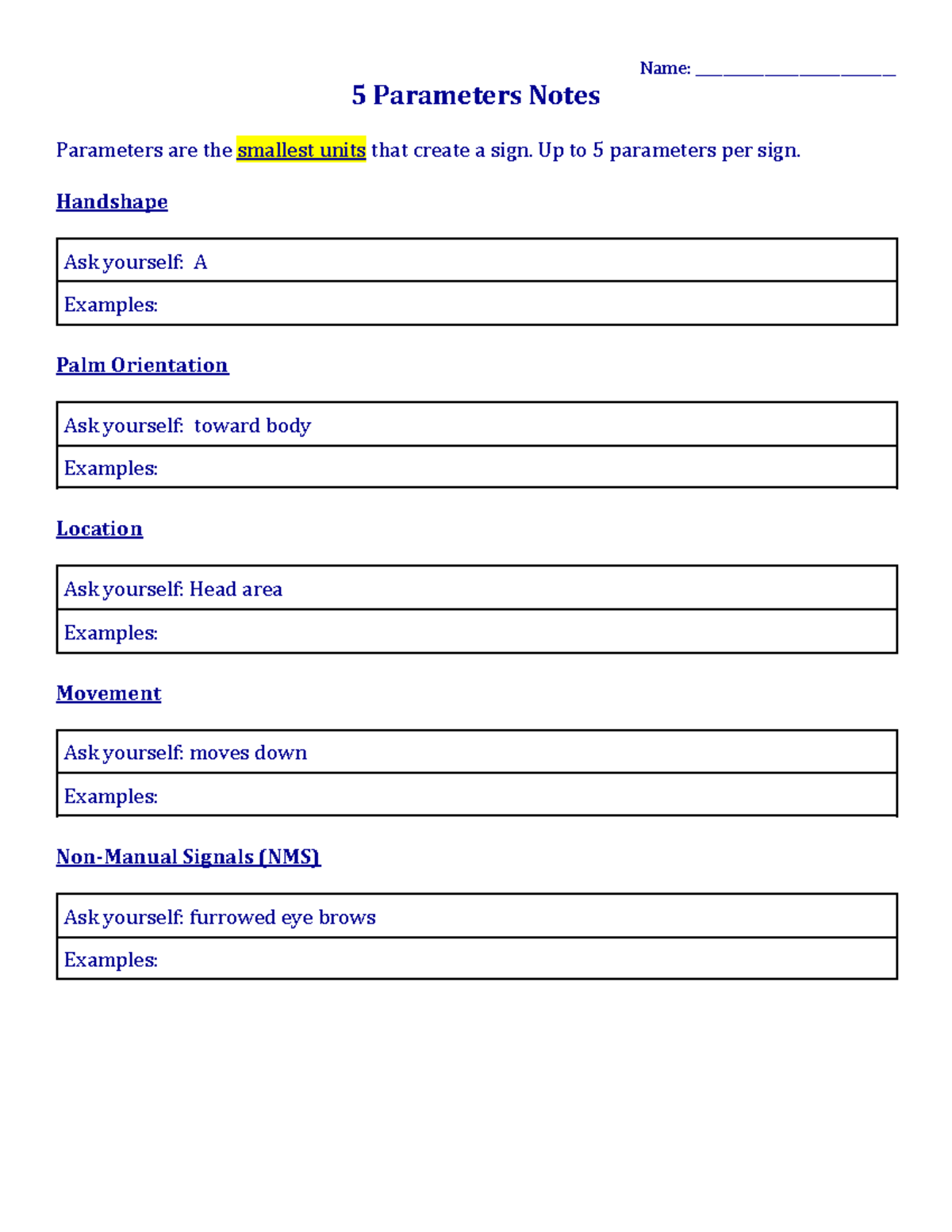 5 Parameters Worksheet - Name: _____________________________ 5 ...