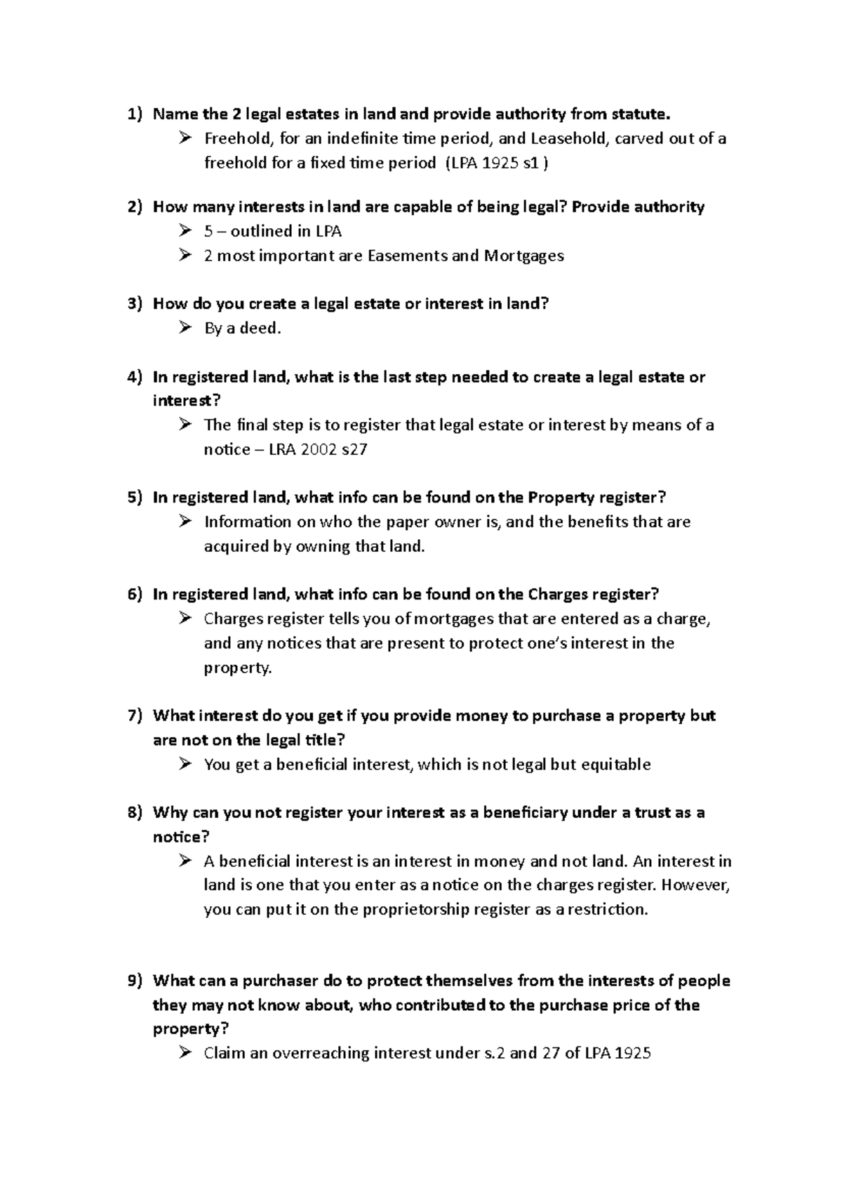 Land law essential questions and answers - 1) Name the 2 legal estates ...