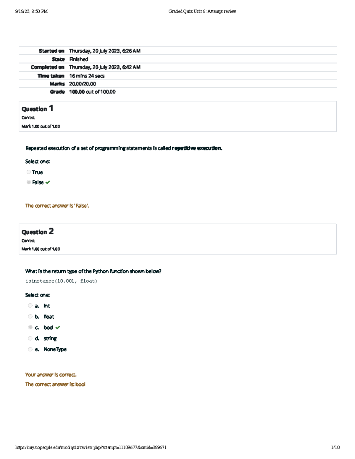 Graded Quiz Unit 6 Attempt review - Started on Thursday, 20 July 2023, 6:26 AM State Finished ...