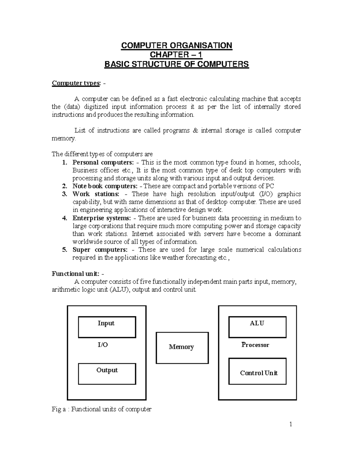 Unit 1 - notes - COMPUTER ORGANISATION CHAPTER – 1 BASIC STRUCTURE OF ...