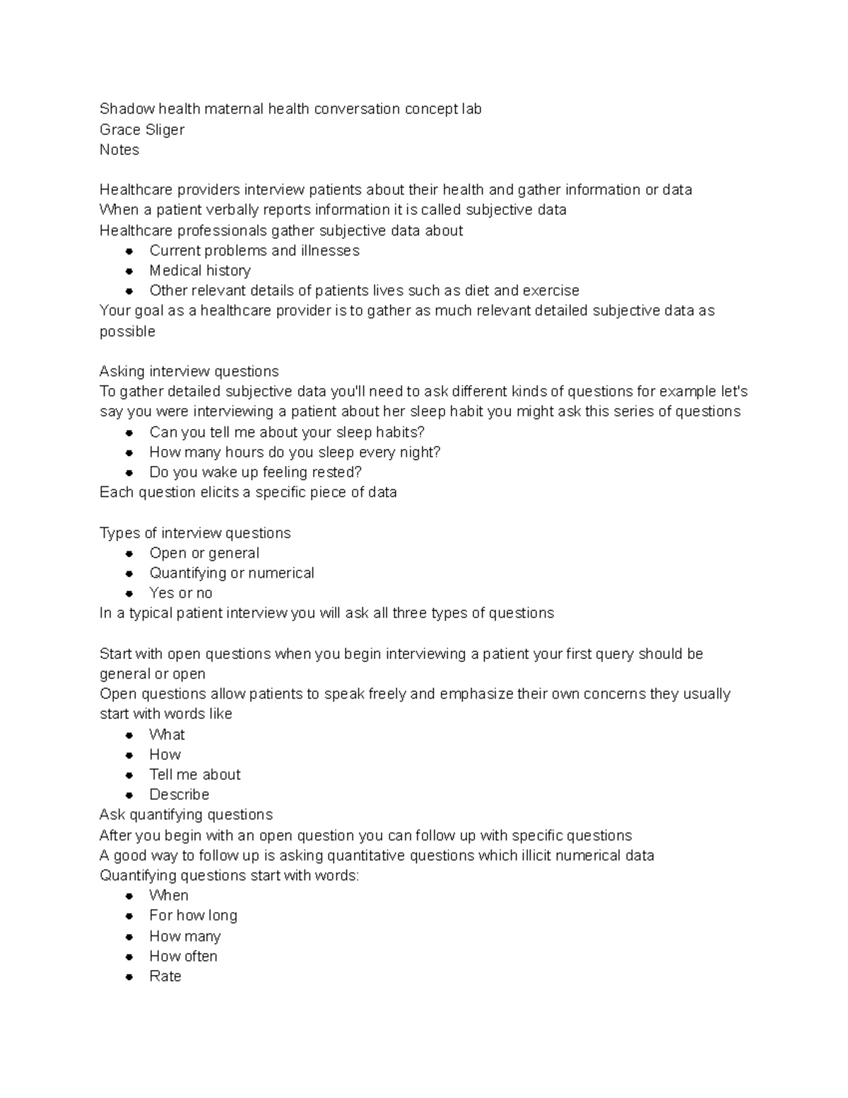 Shadow health maternal health conversation concept lab - Studocu