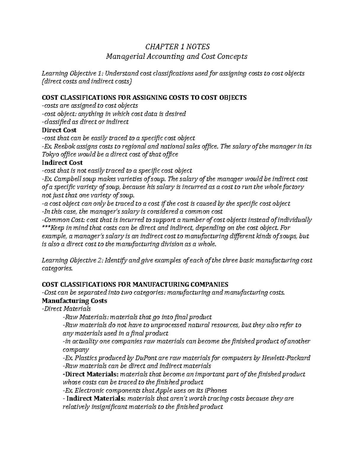 ACCT201B- Chapter 1 Notes - CHAPTER 1 NOTES Managerial Accounting and ...