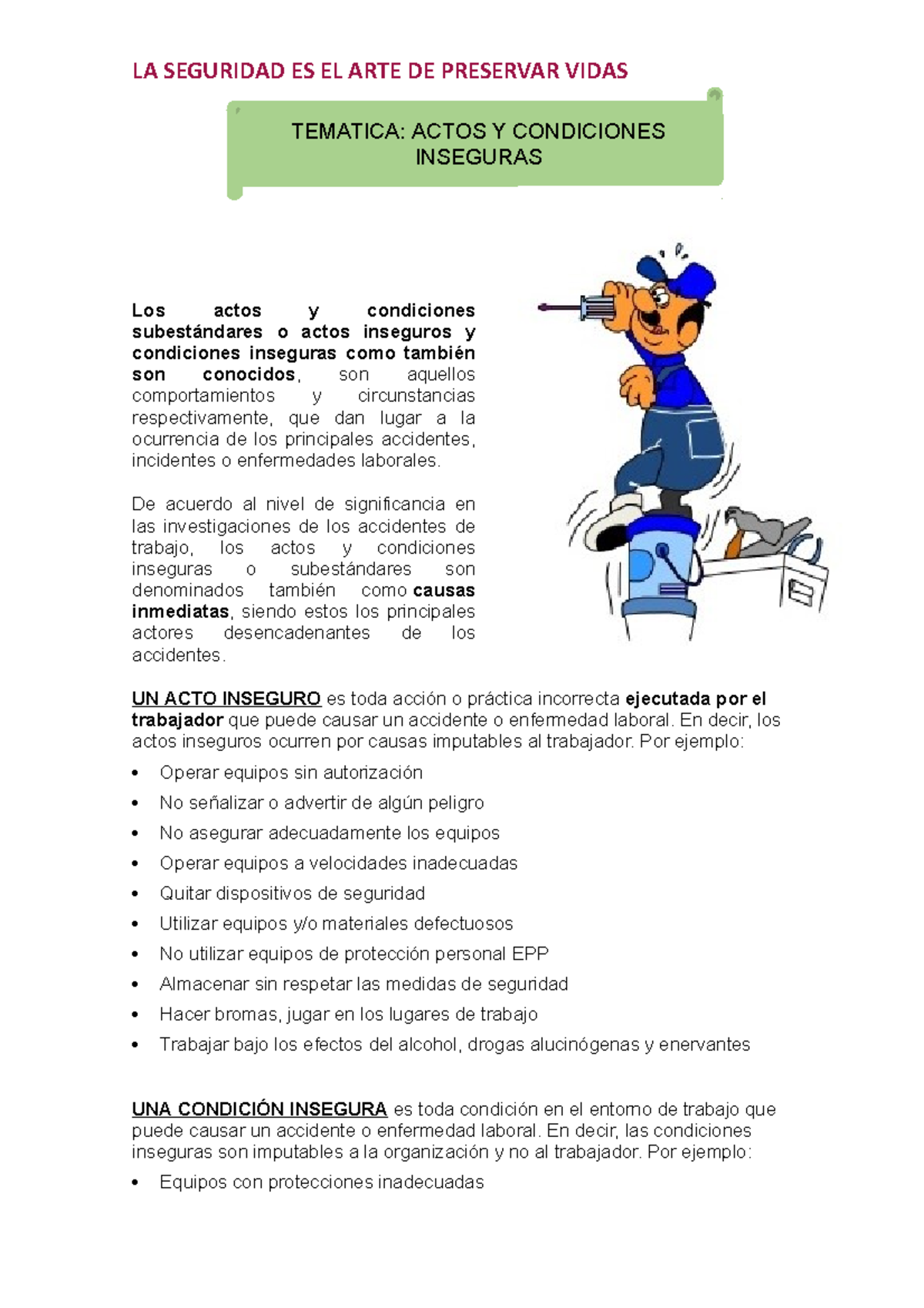 ACTO Y CondicióN Insegura - LA SEGURIDAD ES EL ARTE DE PRESERVAR VIDAS ...