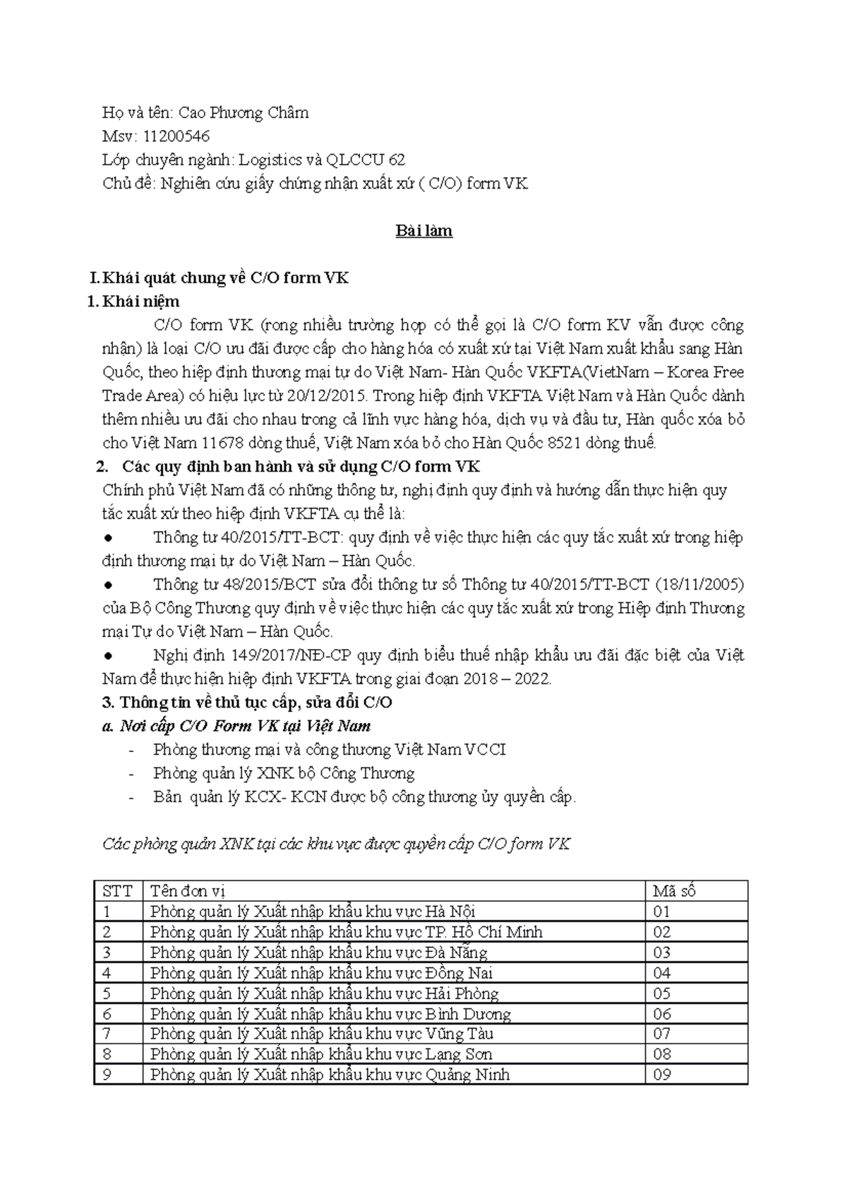 Bài giữa kỳ 1 C O form VK - nghiên cứu về c/o form VK, việt nam hàn ...