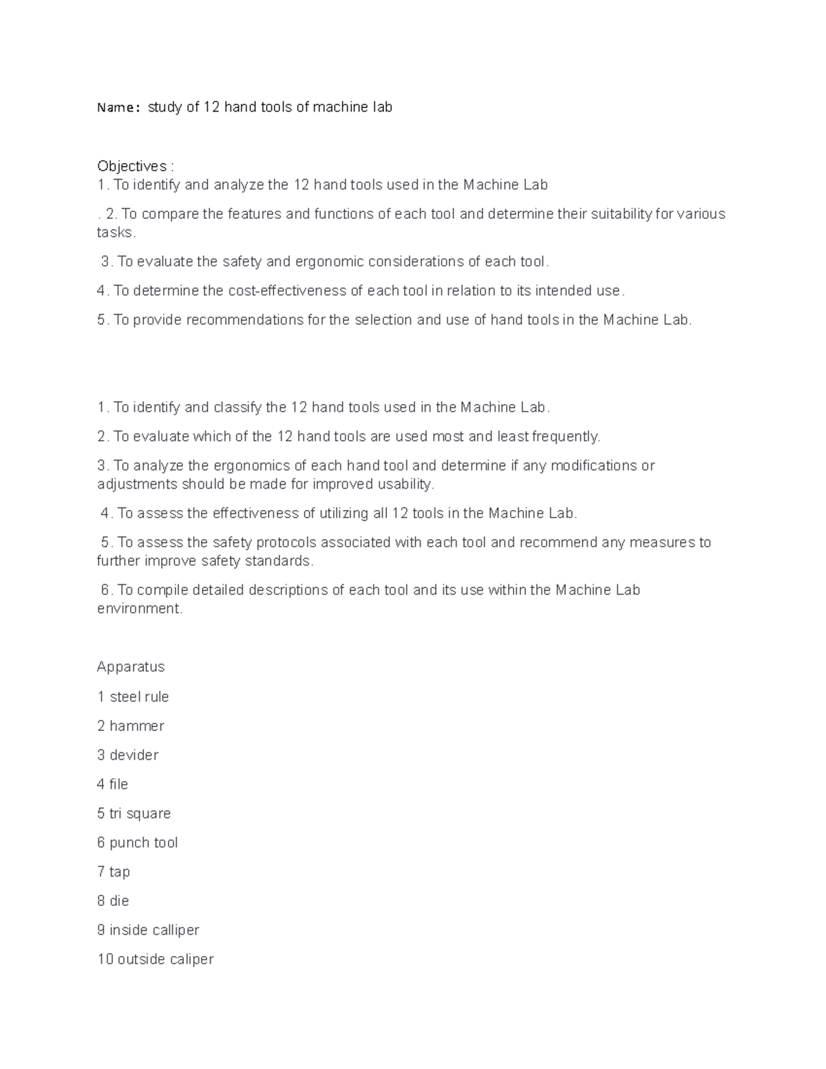 12 hand tools of machin lab - 2. To compare the features and functions ...