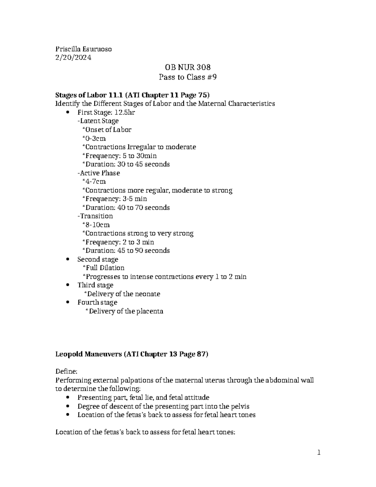 Pass to Class #9 Completed - Priscilla Esuruoso 2/20/ OB NUR 308 Pass ...