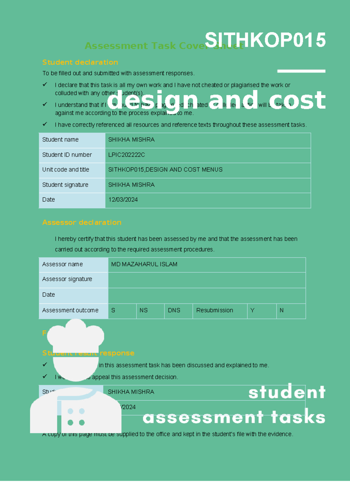 Sithkop 015 Student Assessment Tasks (Repaired) - Assessment Task Cover ...