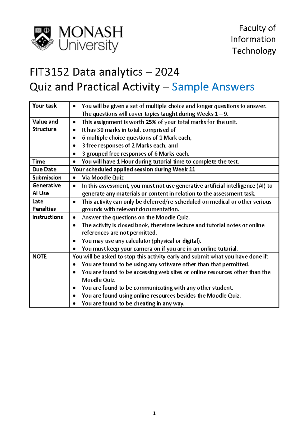 FIT3152 Quiz Prac Instructions and Sample Answer - Faculty of Information Technology FIT3152 ...