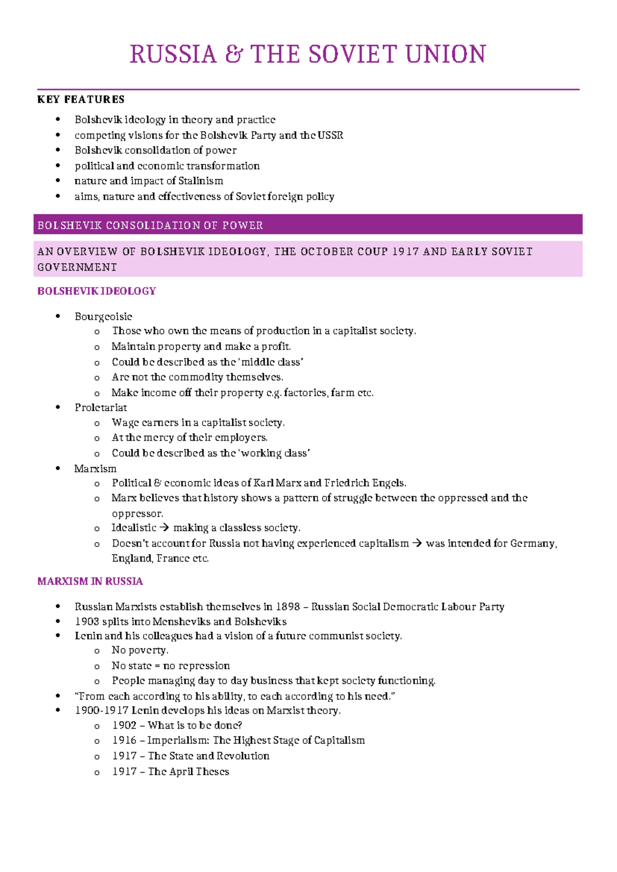 Soviet Union Notes - RUSSIA & THE SOVIET UNION KEY FEATURES Bolshevik ...