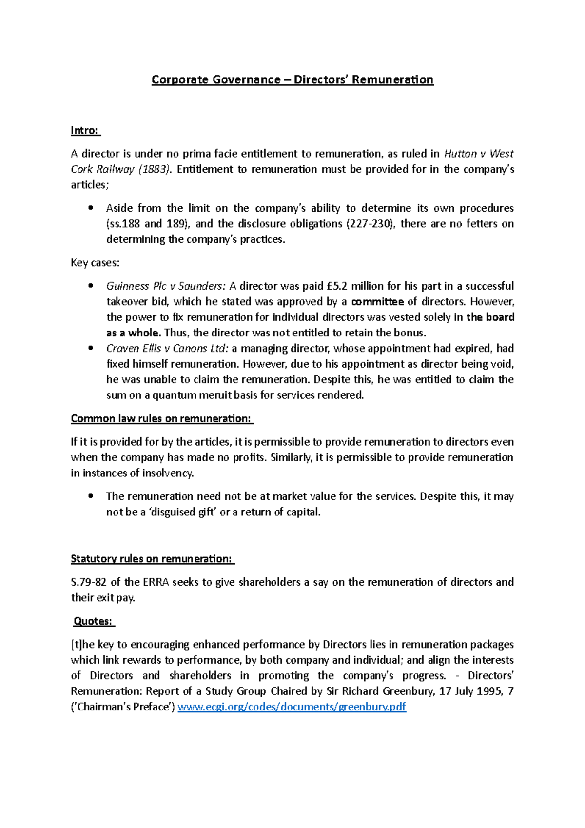 CG remuneration - Lecture notes 1-5 - Corporate Governance – Directors ...