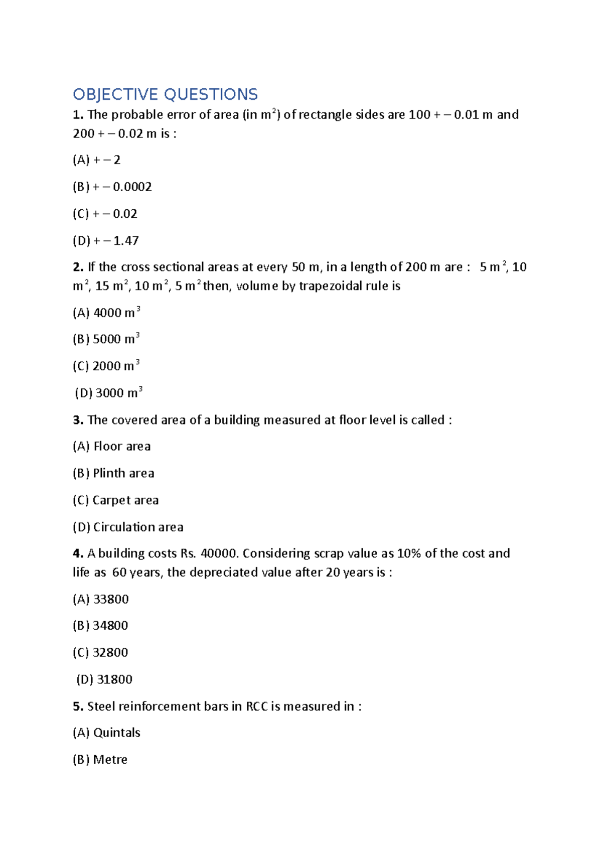 Objective Questions 3 - OBJECTIVE QUESTIONS The probable error of area ...
