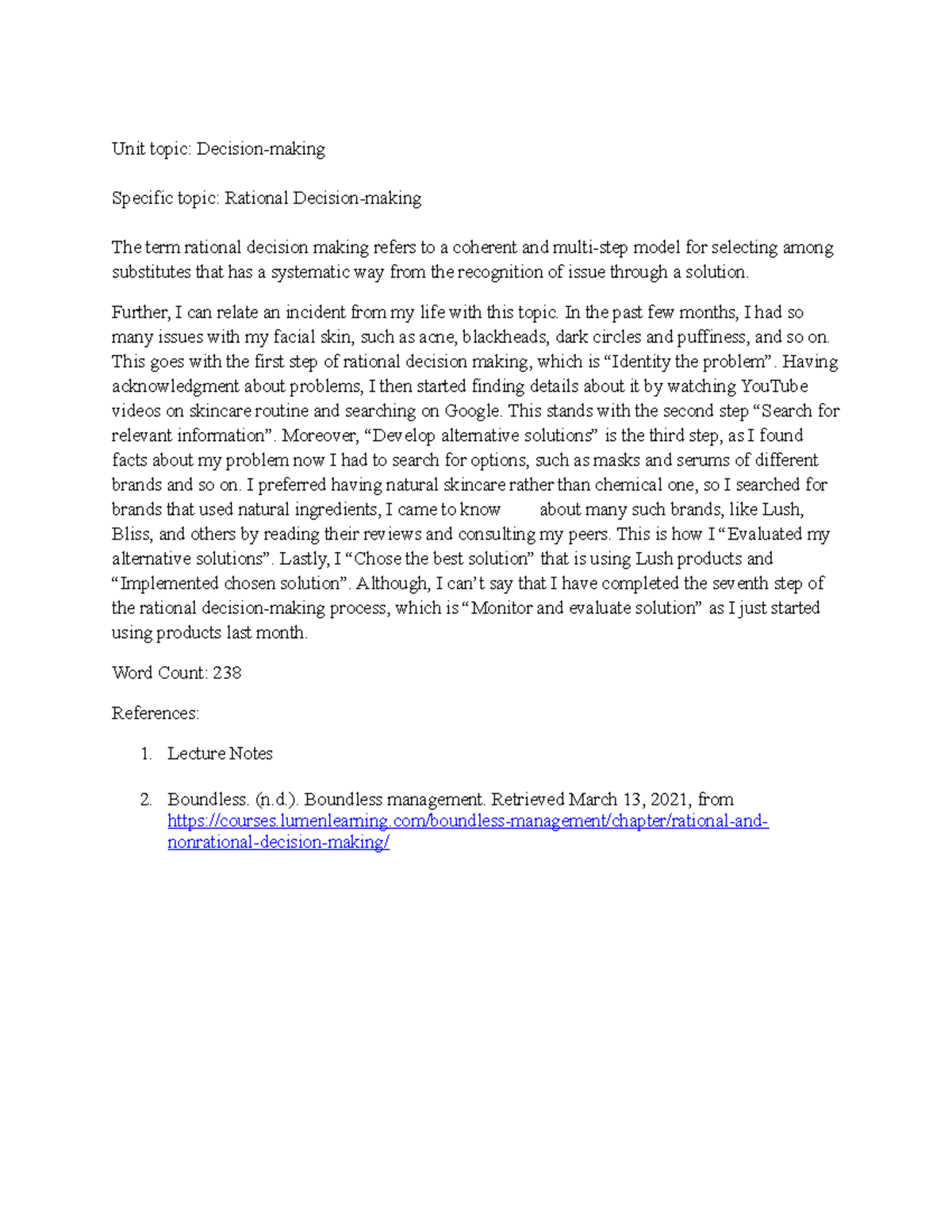 Reflection 6 - Unit topic: Decision-making Specific topic: Rational ...