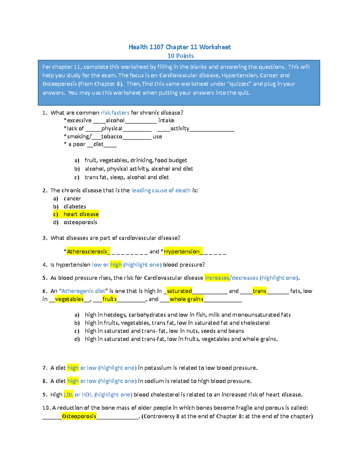 Chapter 11 Diet and Disease Activity and Worksheet 2023 - Health 1107 ...