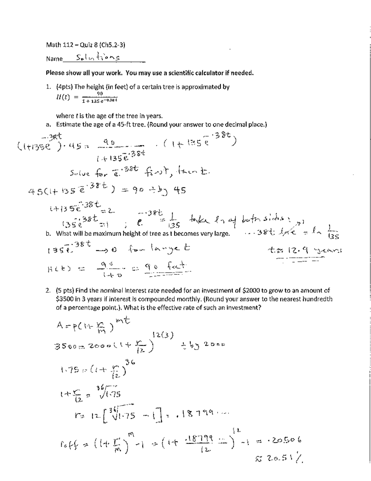 Quiz 8a - solutions - Practice quiz answers - Math 112 Quiz 8 Name ...