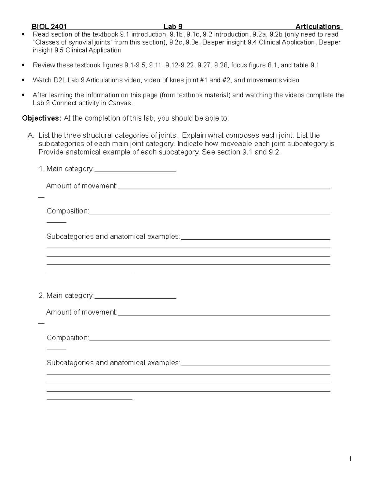 Lab 9 Articulations (instructions) - BIOL 2401 Lab 9 Articulations Read ...