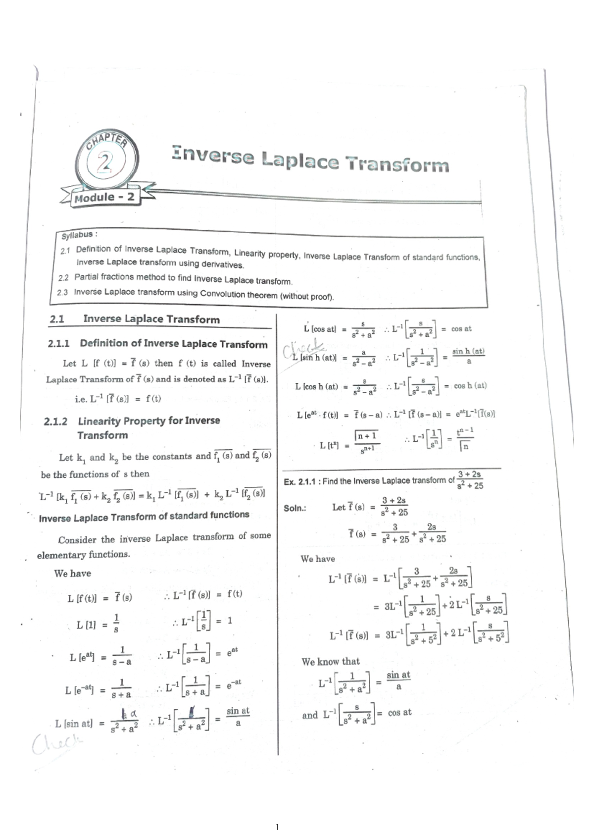 Chapter 2 - CHAPTER 2 Inverse Laplace Transform Module 2 Syllabus : 2 ...