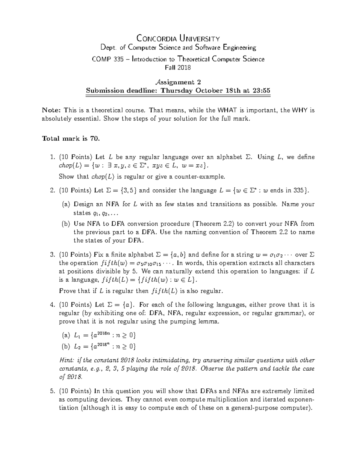 2018 Fall A2 Problems - practice - CONCORDIA UNIVERSITY Dept. of Computer Science and Software ...