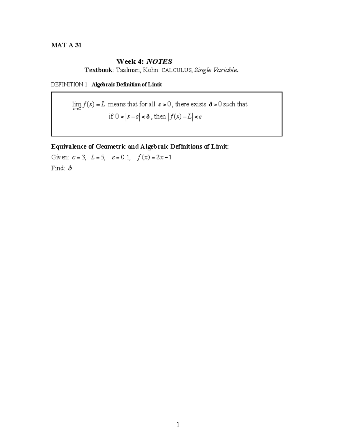 A31 W5 Notes - MAT A 31 Week 4: NOTES Textbook: Taalman, Kohn: CALCULUS ...