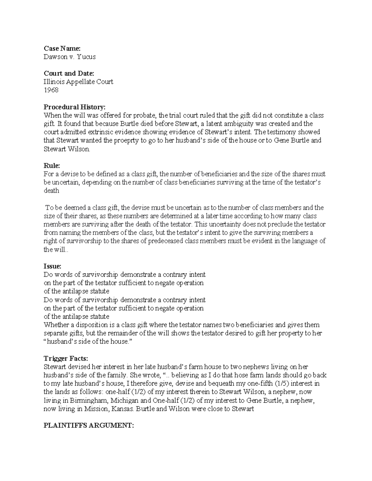 Dawson v. Yucus - Case brief - Case Name: Dawson v. Yucus Court and ...