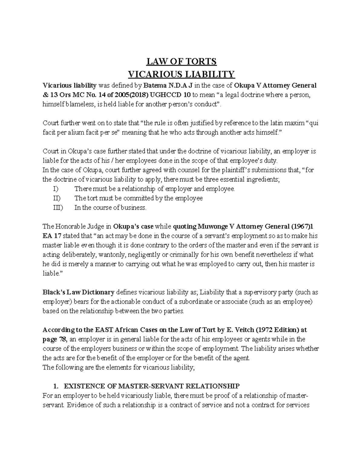 Vicarious Liability - This is work for revision aimed at helping ...