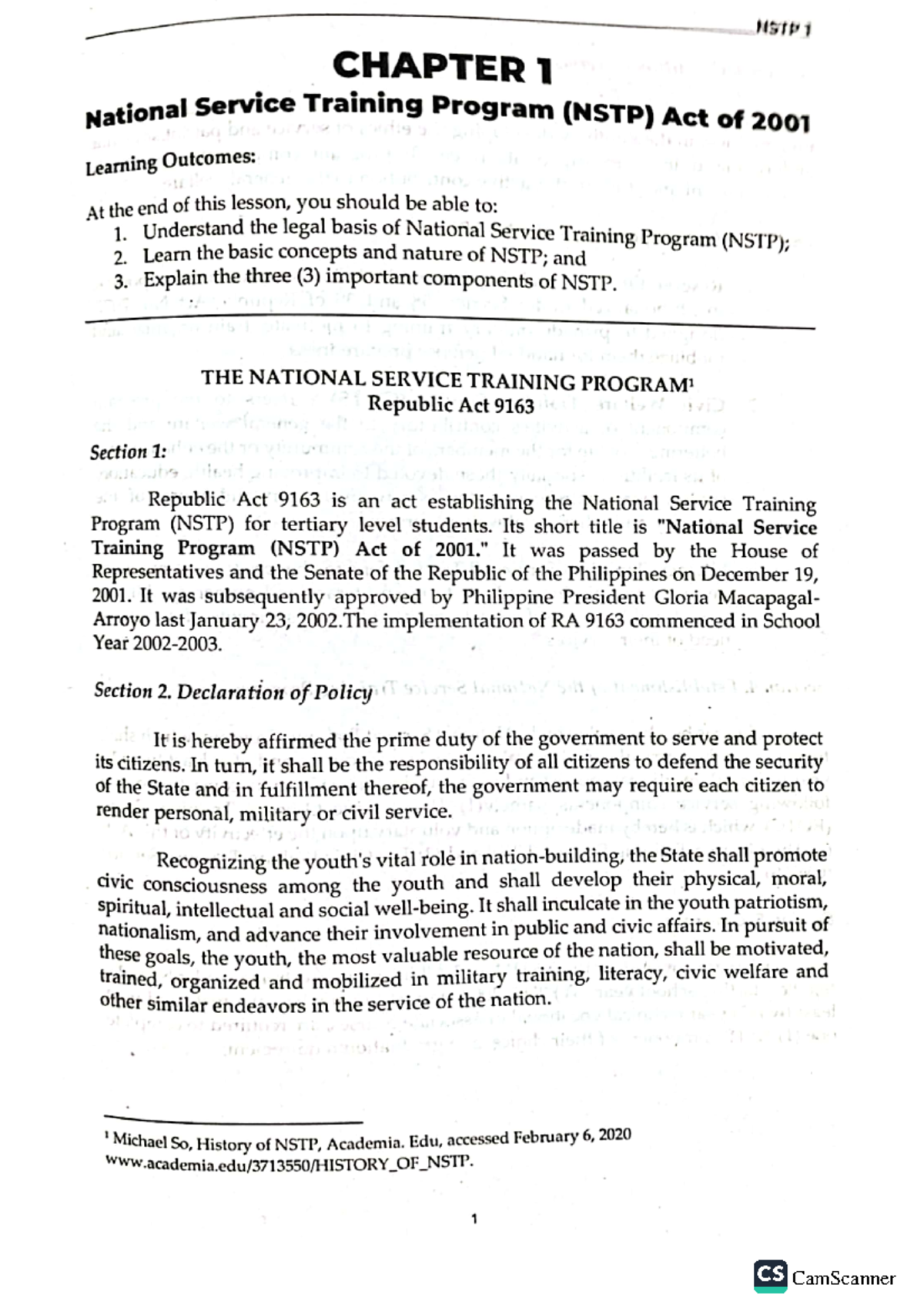 Nstp law book pages - NSTP CHAPTER 1 National Service Training Program ...