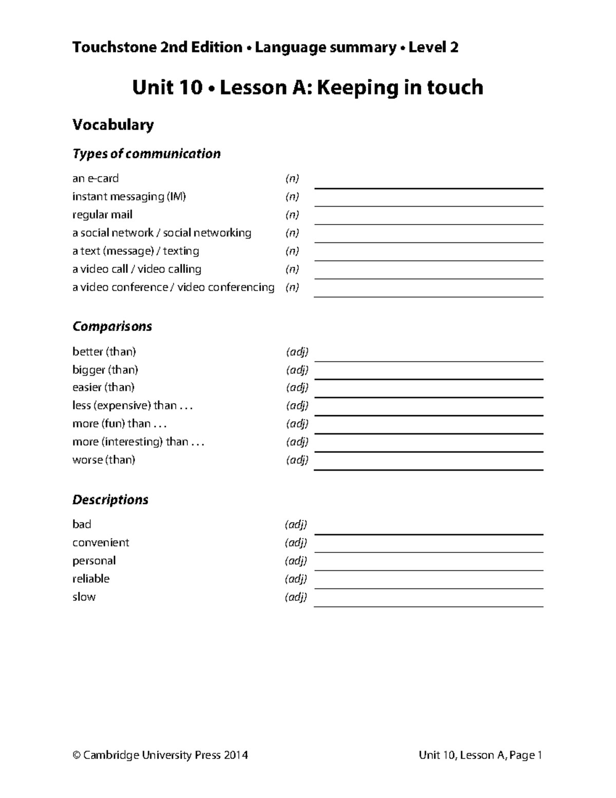 TS2e L2 U10 LA Langsum - UNIDAD 10. CAMBRIGDE A2.2 - Touchstone 2nd Edition • Language summary ...