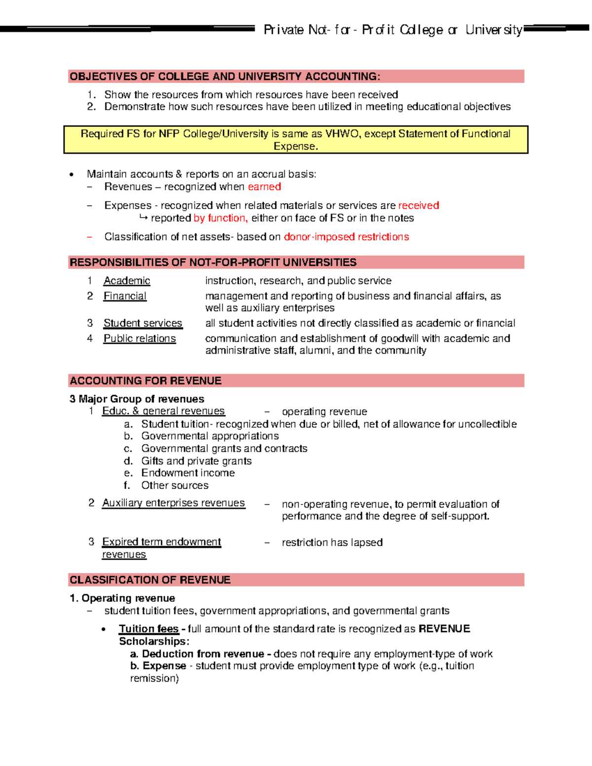 (AFAR) NPE- Private Not-for-Profit College or University - OBJECTIVES ...