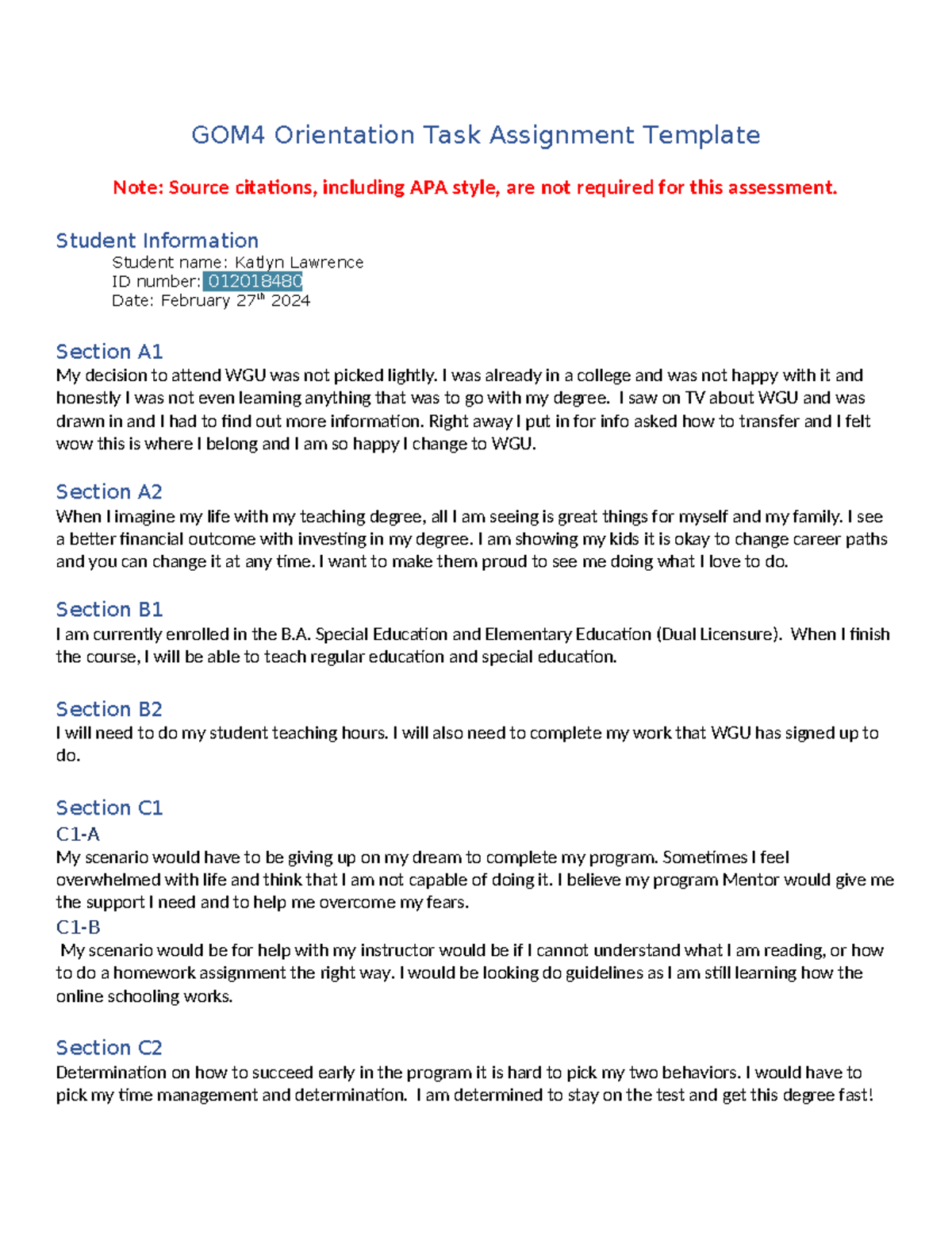 WGU - temple - GOM4 Orientation Task Assignment Template Note: Source ...