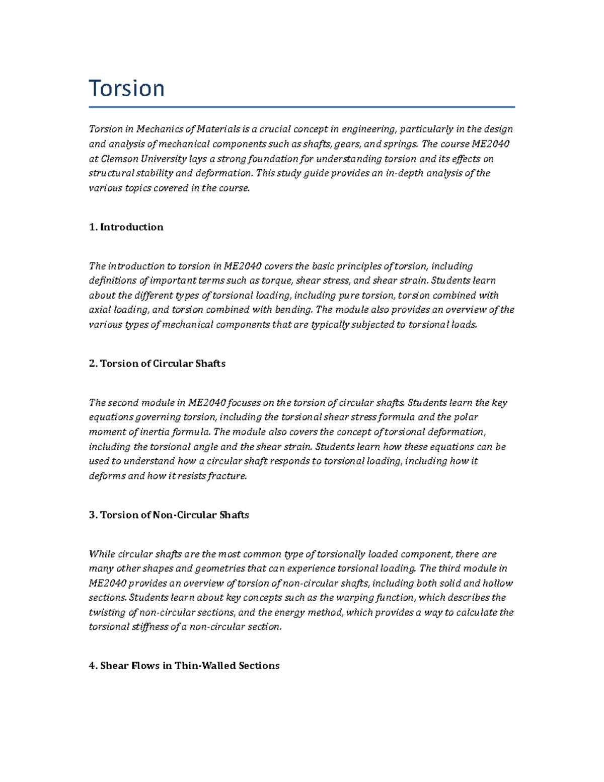 Torsion - Mechanics of Materials (ME2040) Lecture notes - Torsion ...
