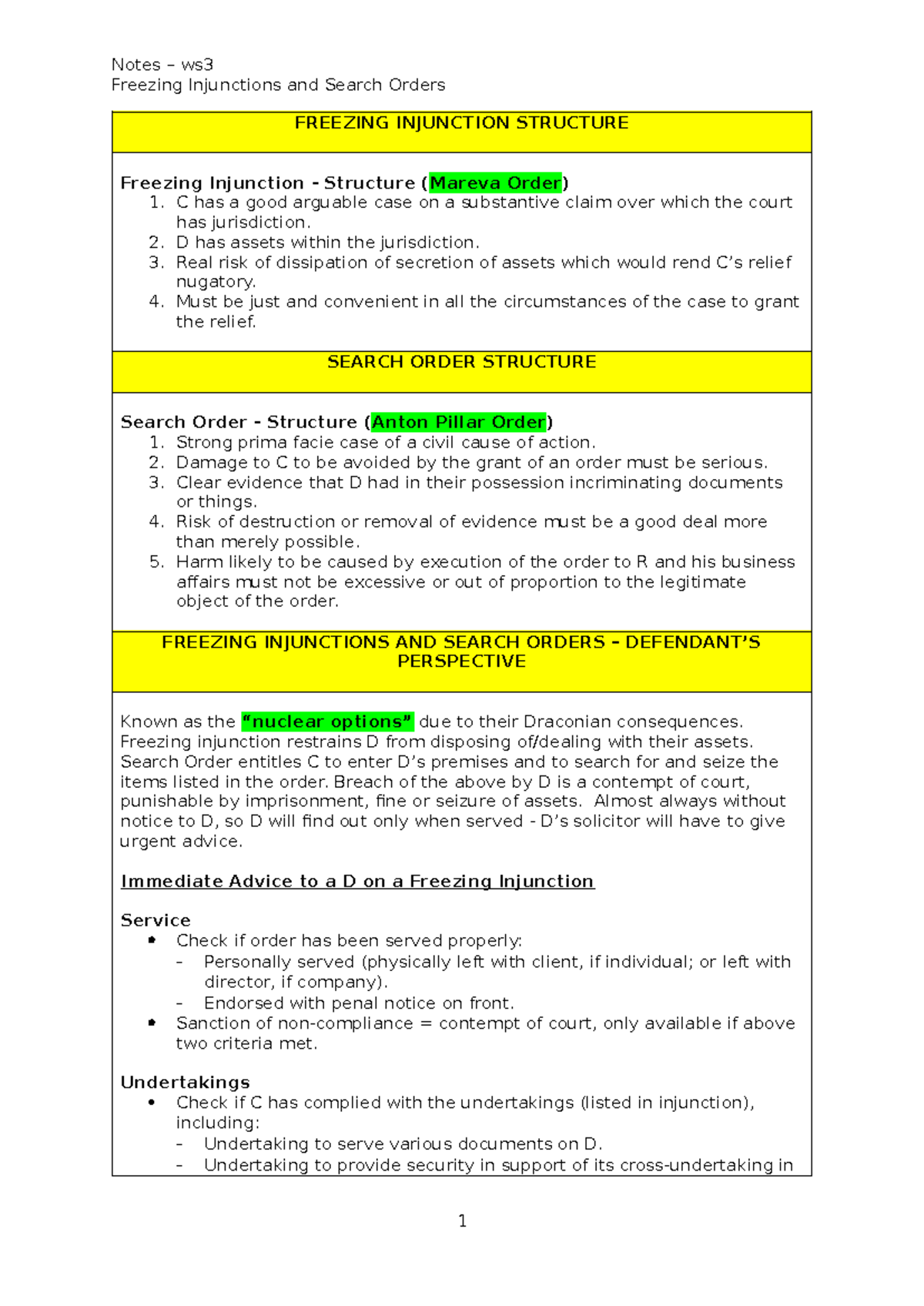 Ws3 notes - Freezing Injunctions and Search Orders FREEZING INJUNCTION ...