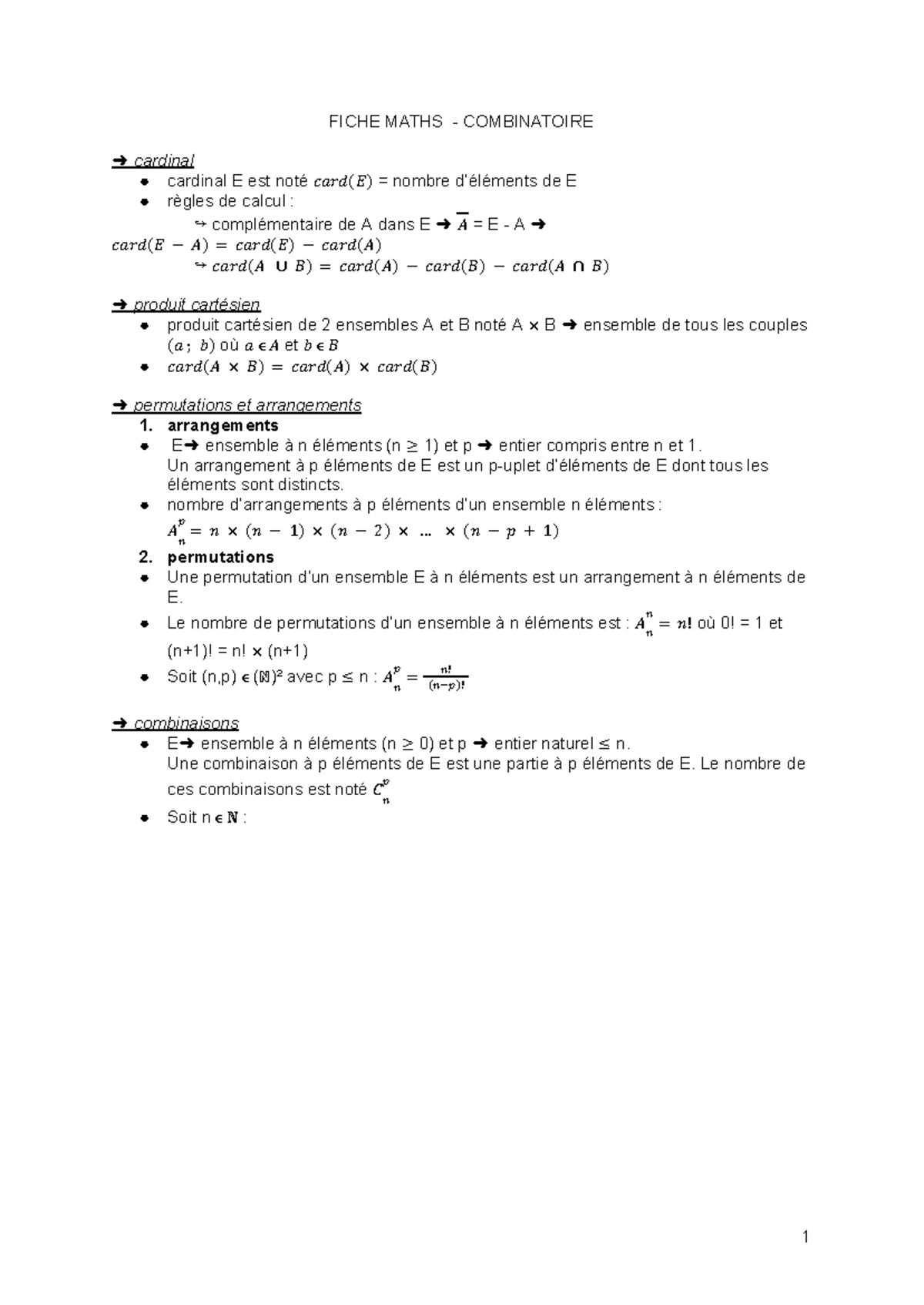 Maths chapitre 5 - combinatoire - FICHE MATHS - COMBINATOIRE cardinal ...