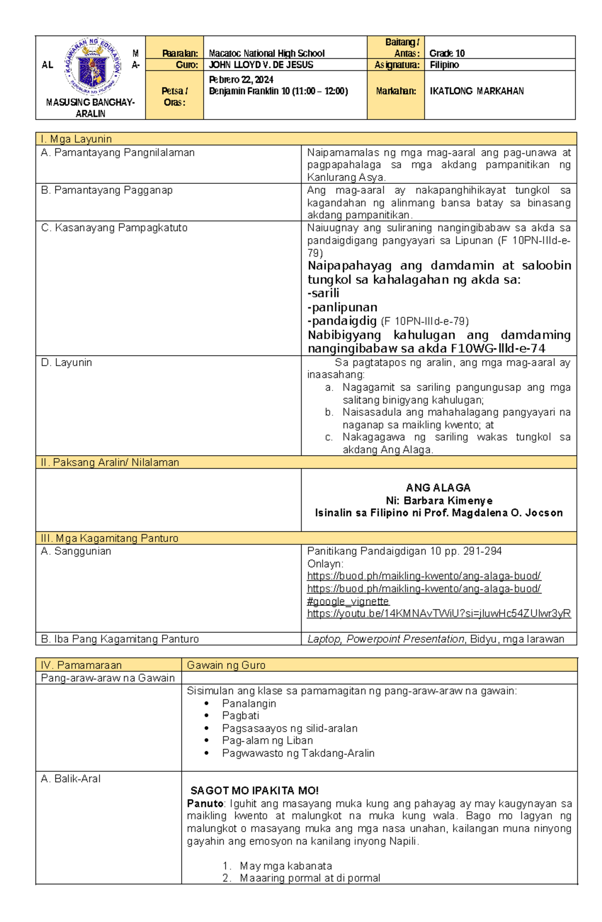Gelai DEMO- Teaching - none - M AL A- MASUSING BANGHAY- ARALIN Paaralan ...
