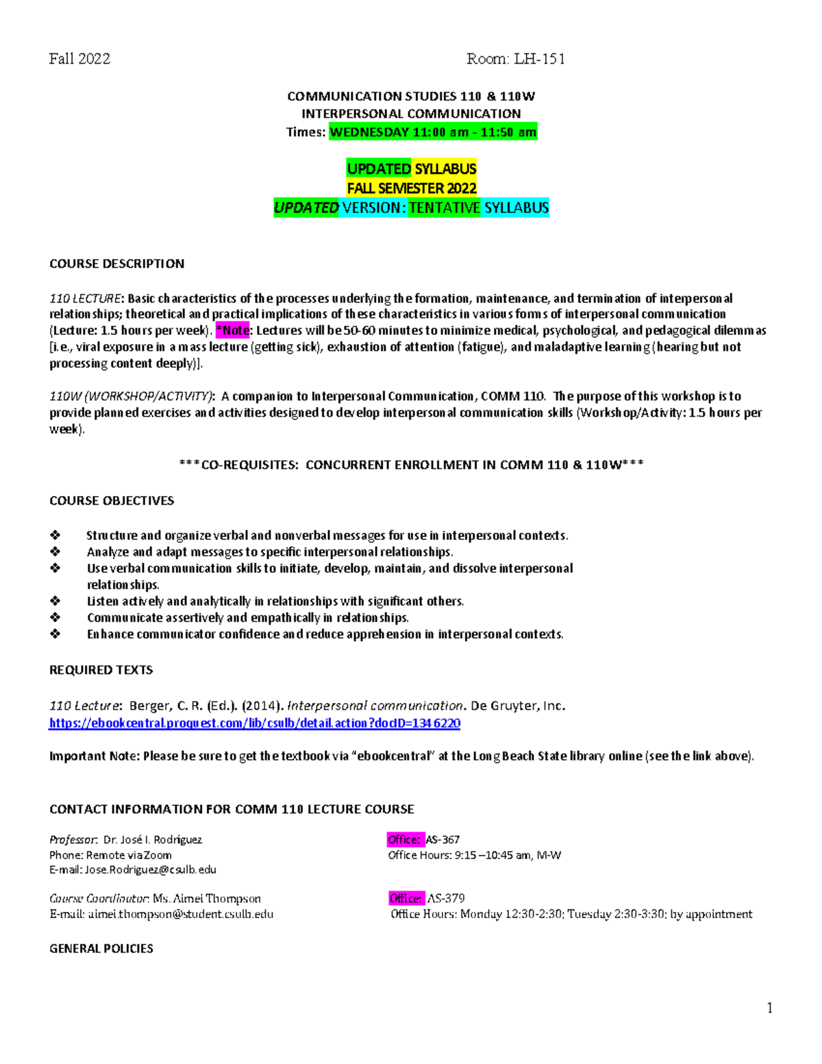 COMM 110 FALL 2022 Syllabus- Updated - COMMUNICATION STUDIES 110 & 110W ...