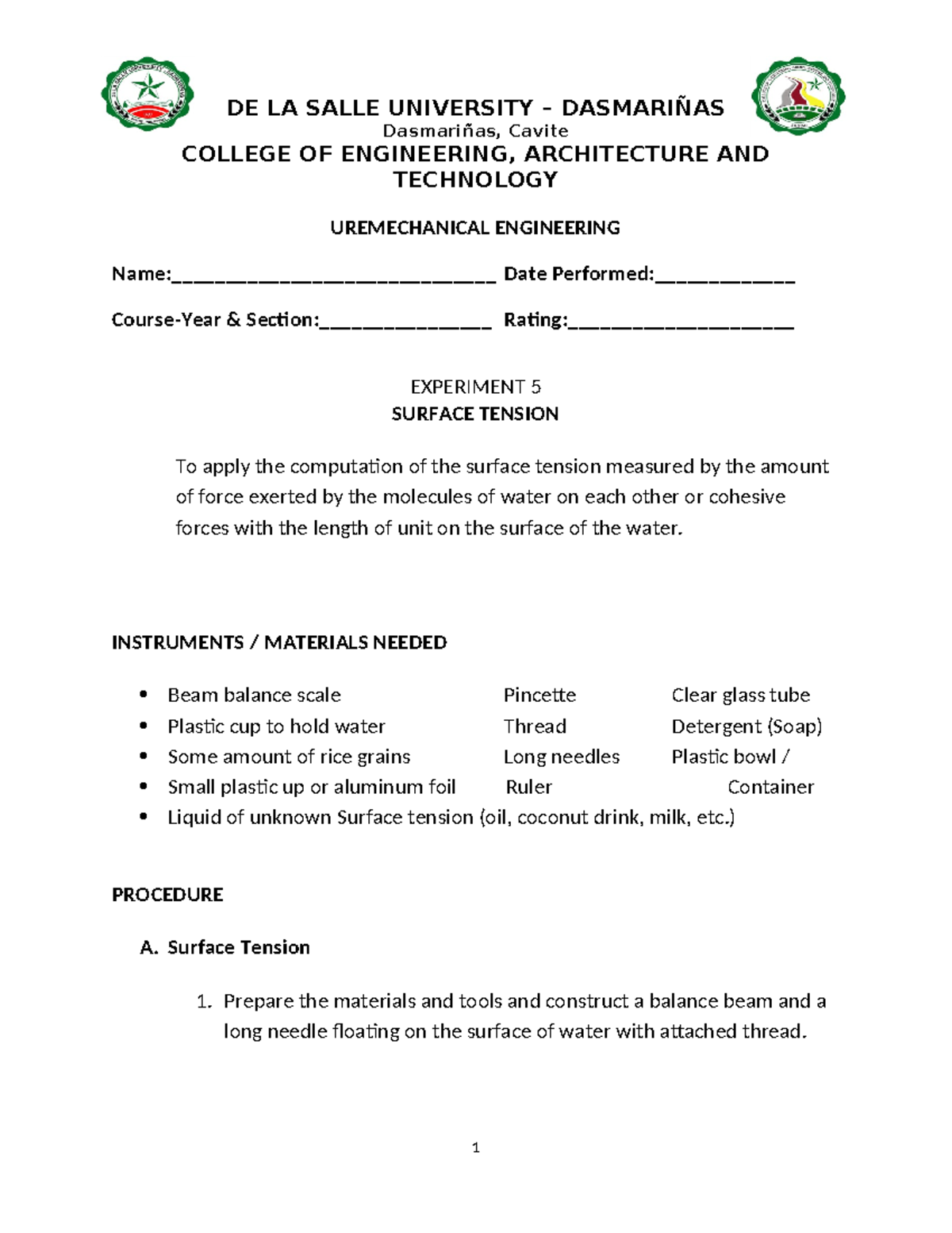 Experiment 4 Surface Tension - DE LA SALLE UNIVERSITY – DASMARIÑAS ...