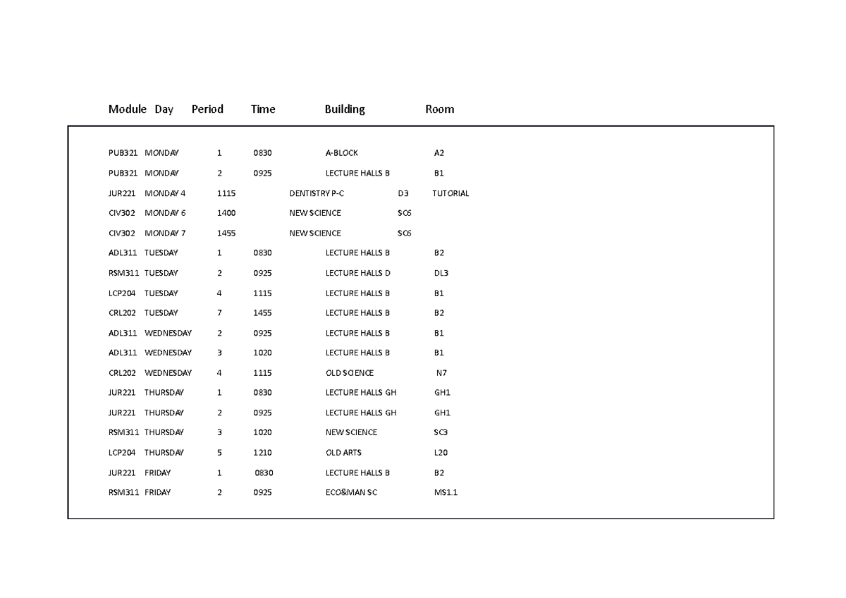 Big timetable 2023 SEM2 - Module Day Period Time Building Room PUB321 ...