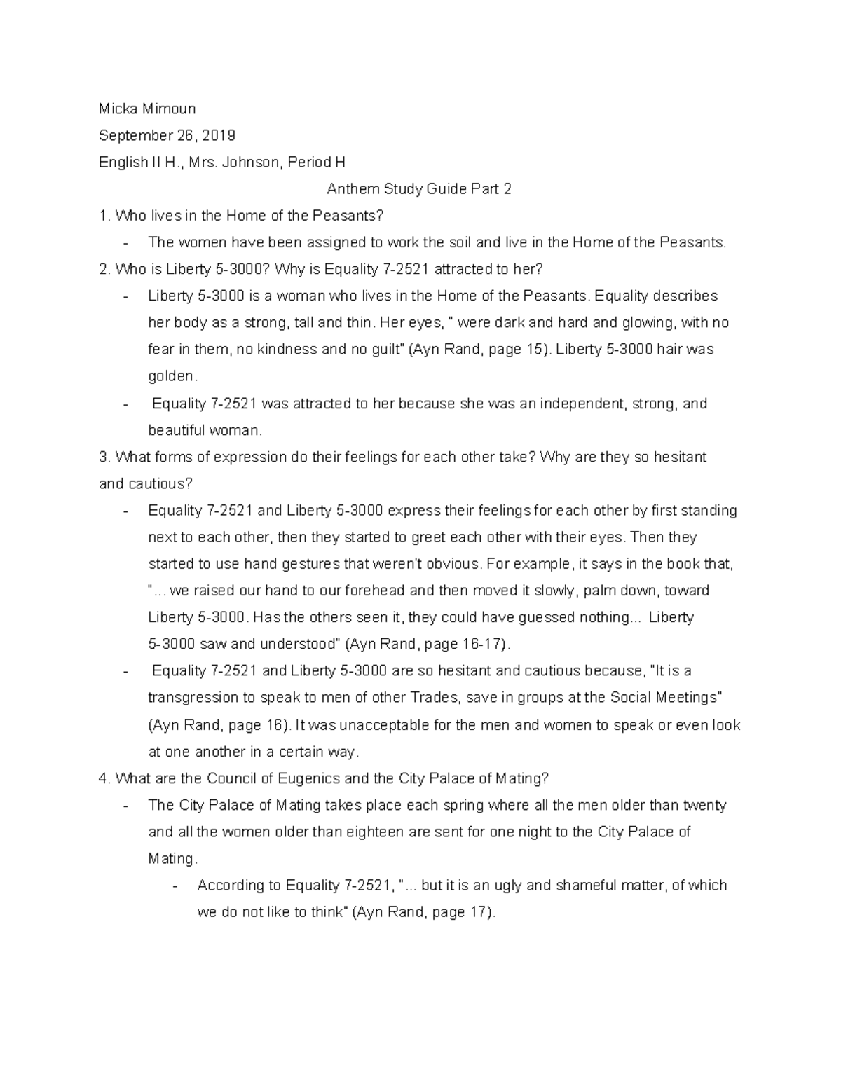 Anthem Study Guide Part 2 - Micka Mimoun September 26, 2019 English II ...