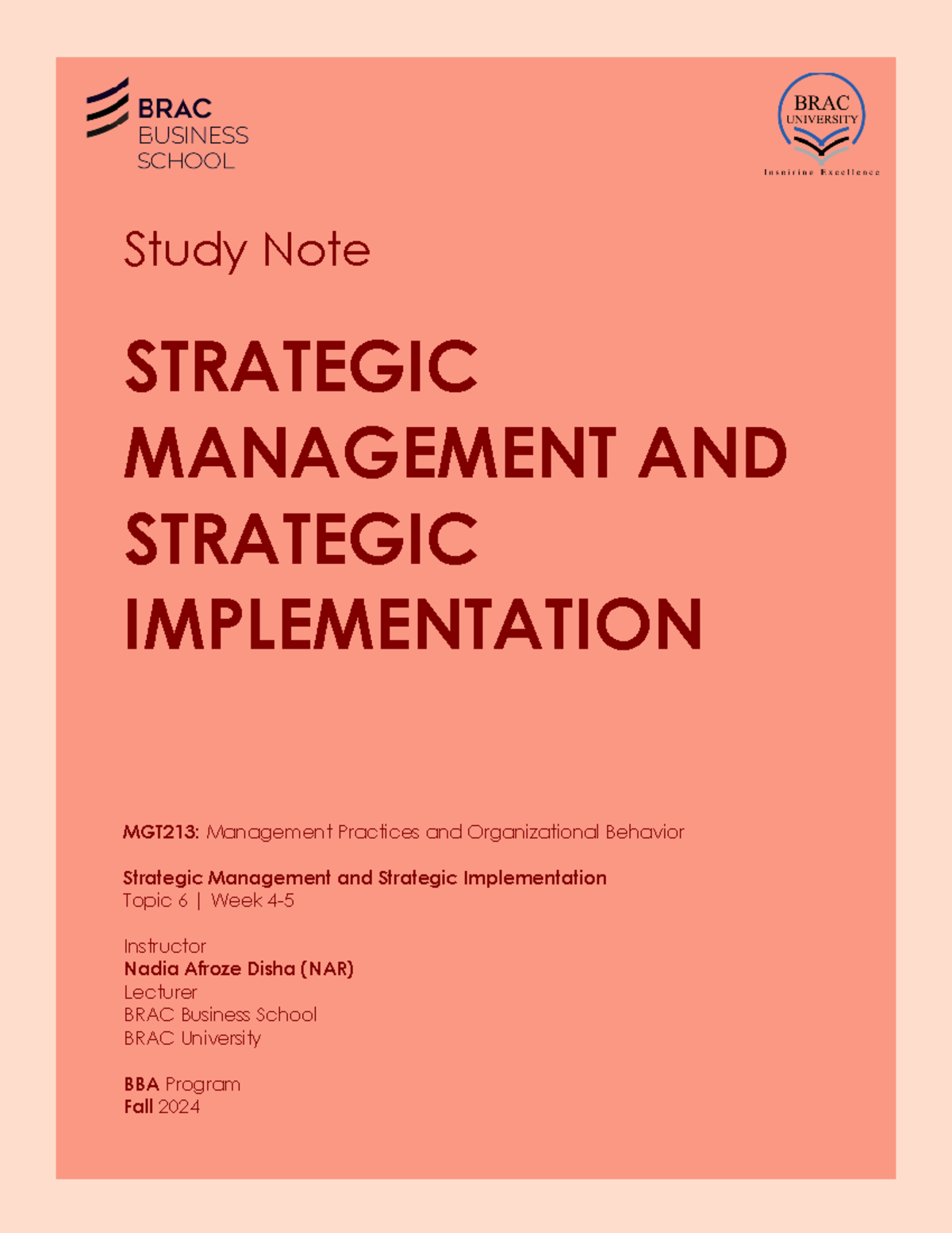 MGT213 BBA Fall 24 NAR Strategic Management and Strategic ...