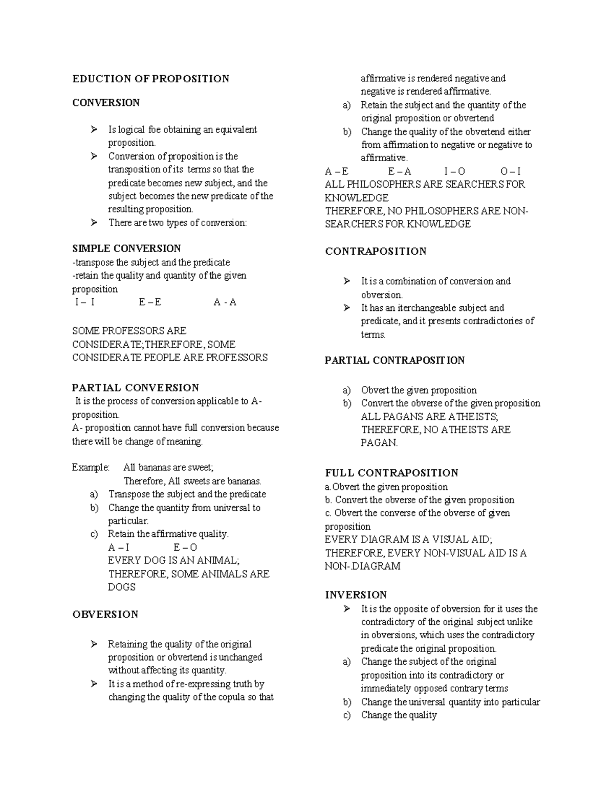 Eduction OF Proposition( Logic) - EDUCTION OF PROPOSITION CONVERSION Is logical foe obtaining an ...