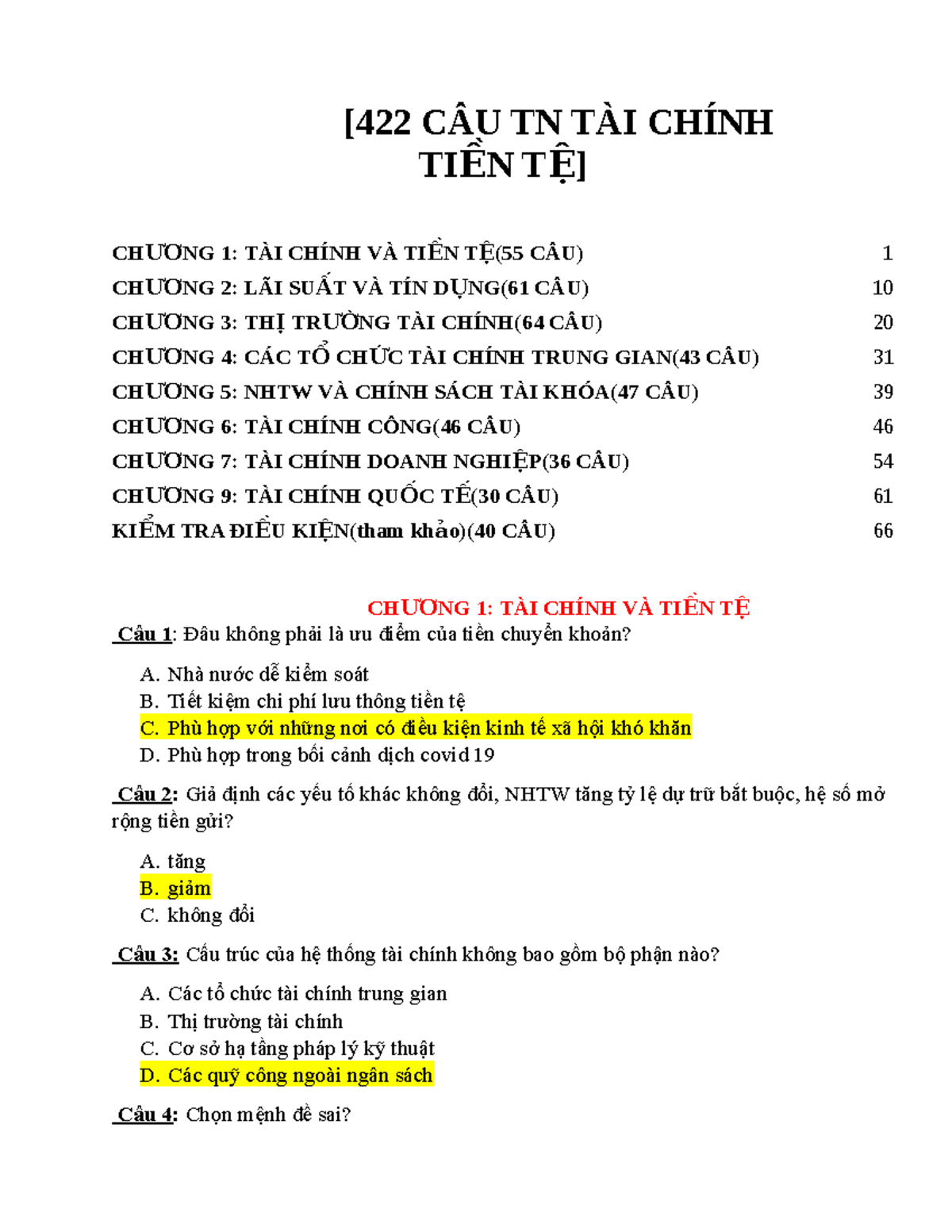 422 CÂU TN TCTT - tctt - [422 CÂU TN TÀI CHÍNH TI ỀN T Ệ] CH ƯƠNG 1: TÀI CHÍNH VÀ TI ỀN T Ệ(55 ...
