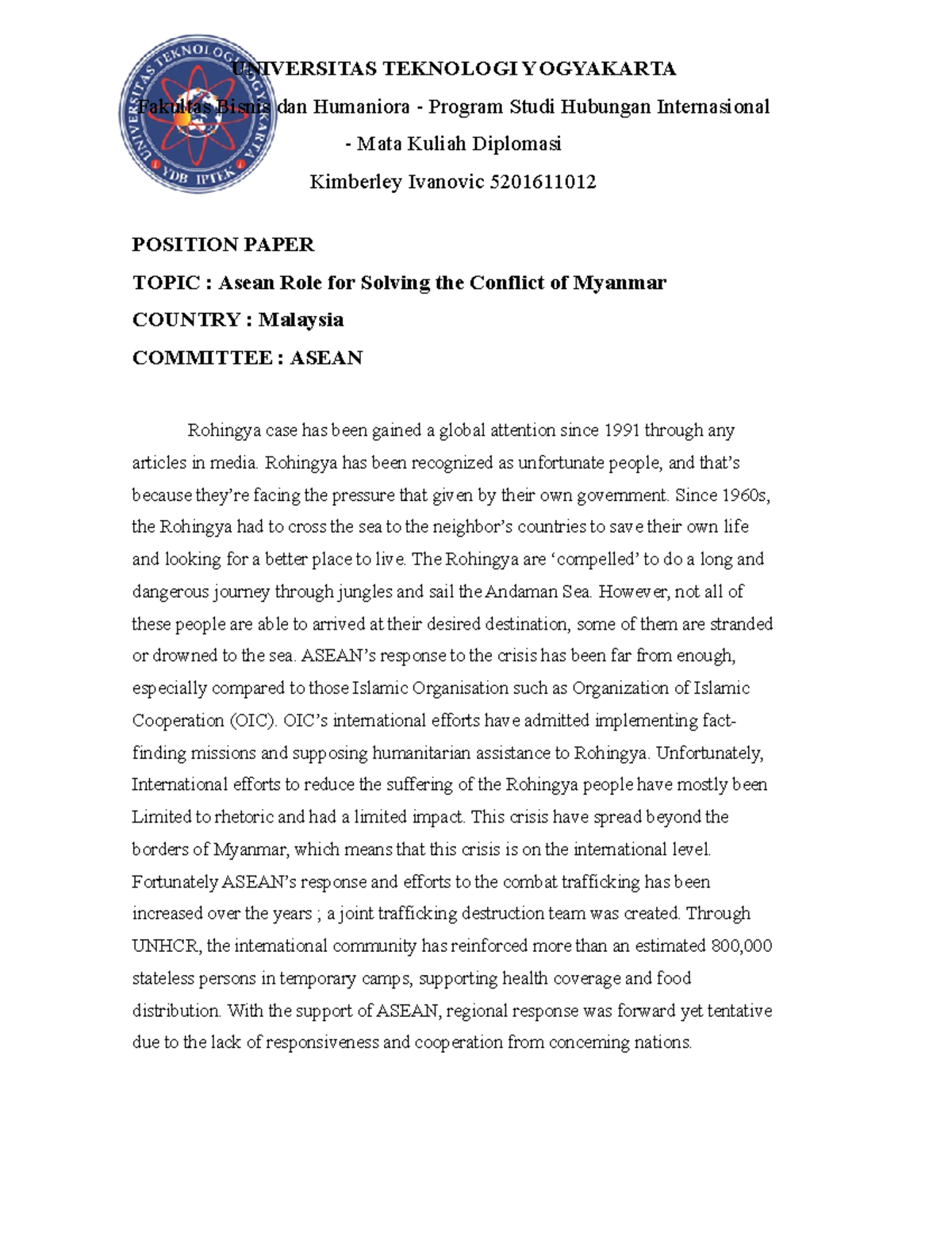 52016 11012 Kimberley Ivanovic Position Paper - Diplomasi - UTY - Studocu