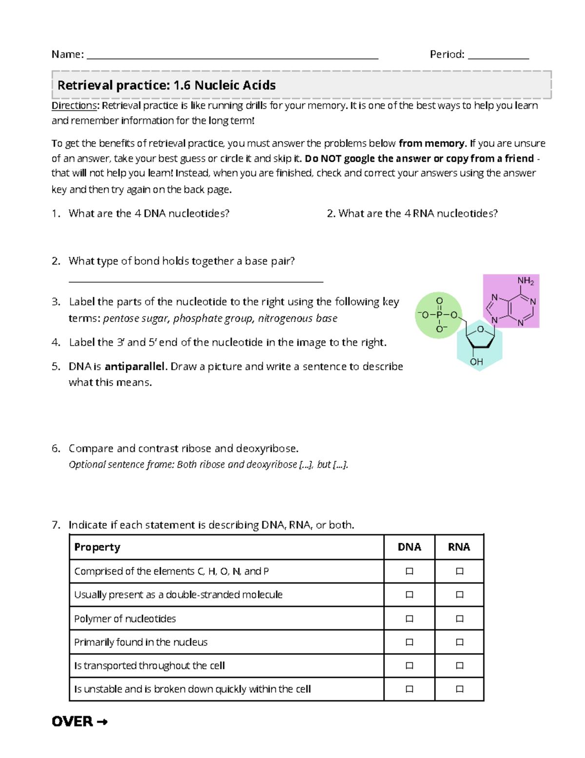 Practice Activity -Nucleic acids - Name: - Studocu