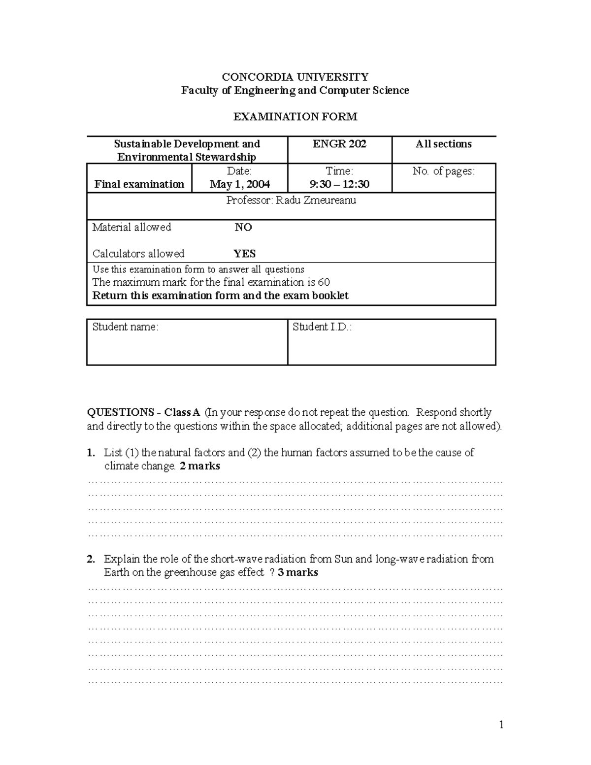 Exam 2009, questions and answers - CONCORDIA UNIVERSITY Faculty of ...